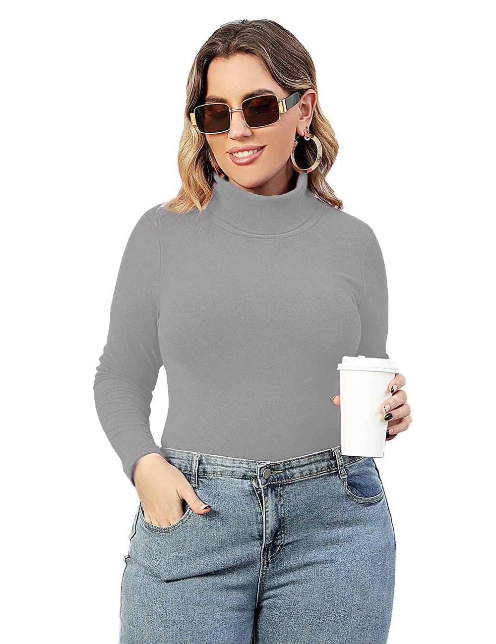 XIAGRKUI Women Plus Size Mock Turtleneck Tops Long Sleeve Stretch Slim Fitted Base Layer Shirt Grey 3XL