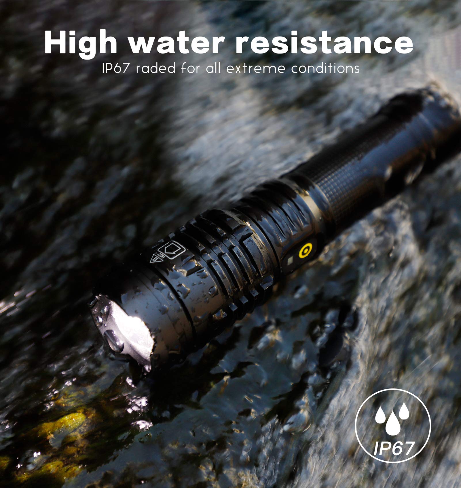 YXQUA XHP70 12000 Lumen Flashlight, Super Bright USB Rechargeable Flashlight, Powerful LED Flashlight with High Lumen, 5 Modes for Emergency, Hiking, with Holster