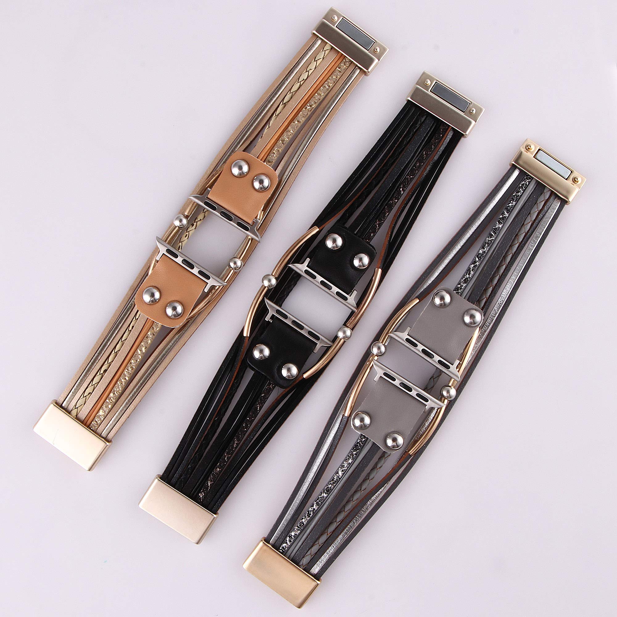 VIKOROS Multi-Layer Leather Wrap Bracelet Compatible with Apple Watch Ultra SE Series 8 7 6 5 4 3 40mm 38mm 41mm for Women Mens, Boho Stylish Cuff Bangle Watch Strap for Iwatch Bands , Silver Grey
