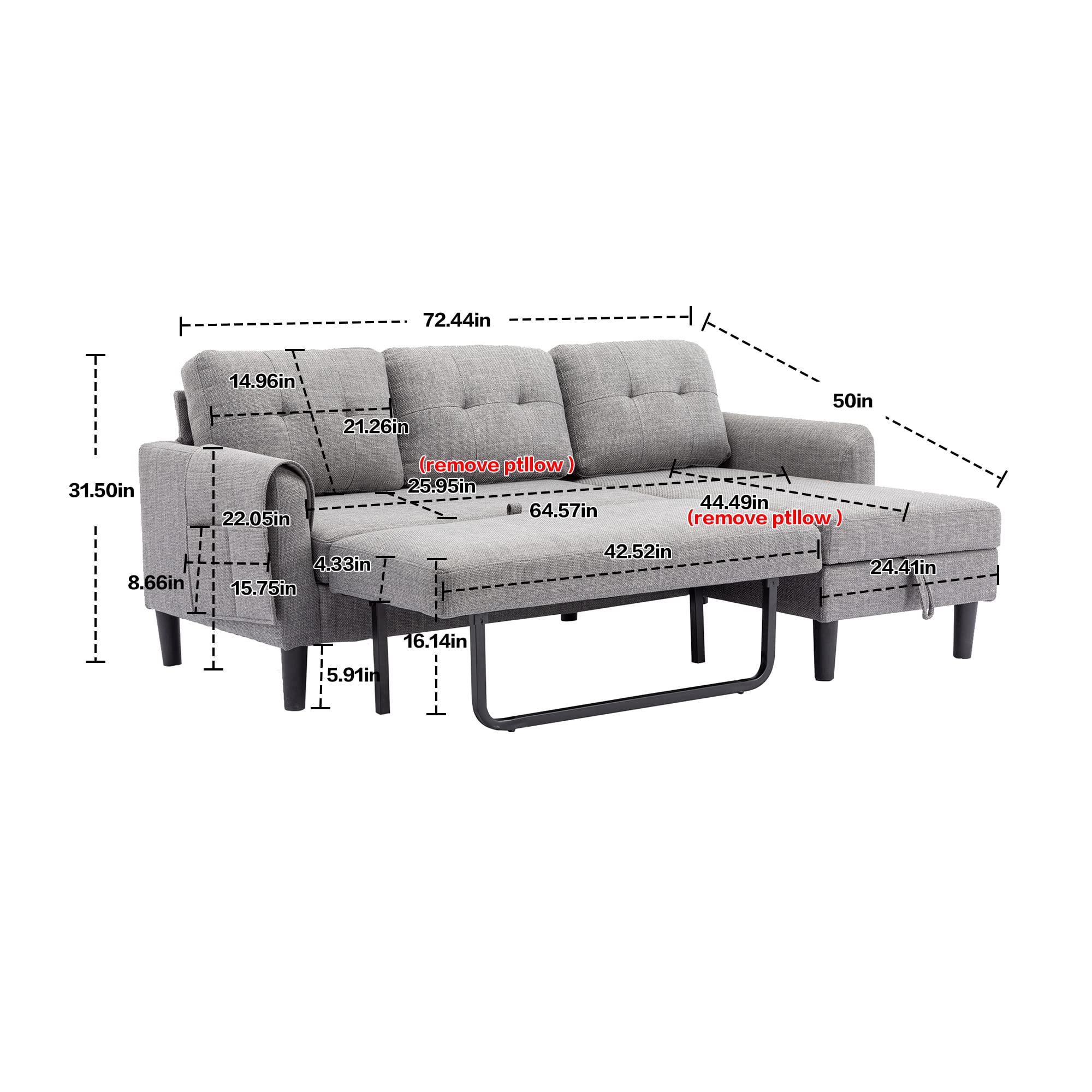 PEIHONGET Sectional Sleeper Sofa with Pull Out Bed, 3-Seater Sofa Couch with Storage Modern L-Shaped Sofa Bed with Chaise Lounge for Small Spaces, Living Room (Light Gray+Polyester)