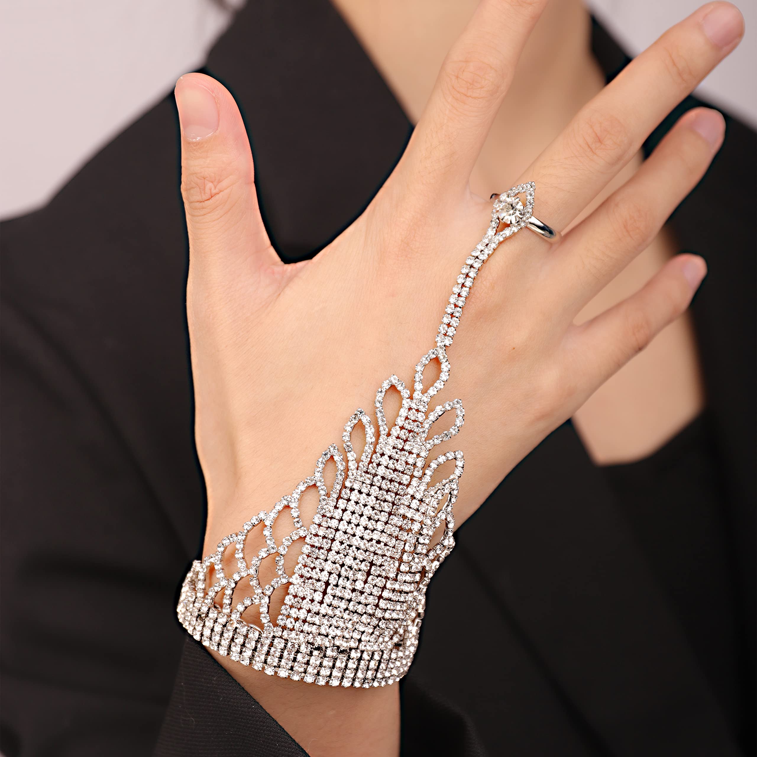 YERTTER Dainty Rhinestone Crystal Hand Chain Slave Harnss Bracelet Finger Chain Bangle Bracelet Silver Gold Hand Chain Ring Link Bracelet (Style 1)