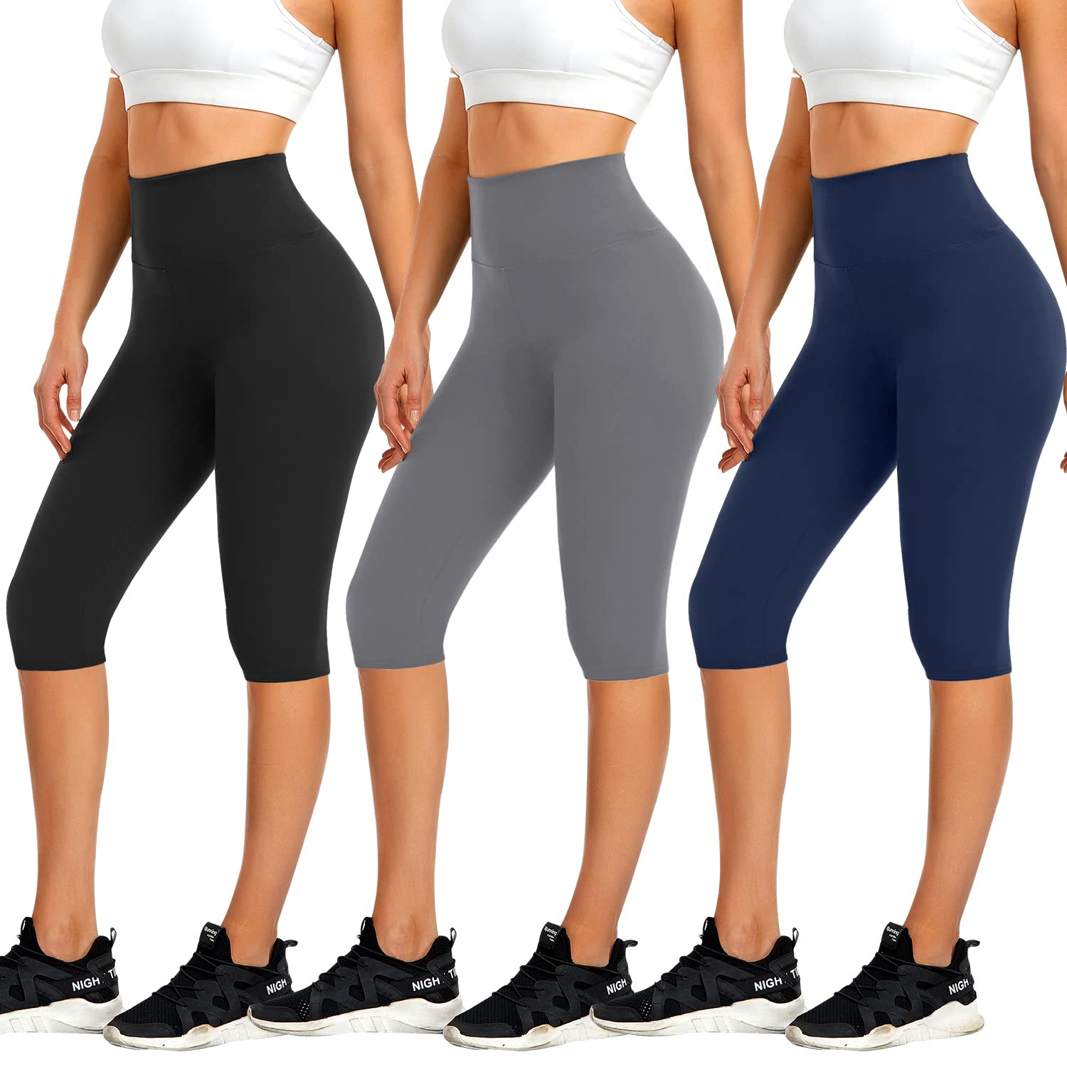 we fleece 3 Pack Women's Knee Length Capri Leggings-High Waisted Tummy Control Non See Through Workout Leggings Yoga Pants (Small-Medium, C-3 Pack-Black,Dark Grey,Navy Blue)