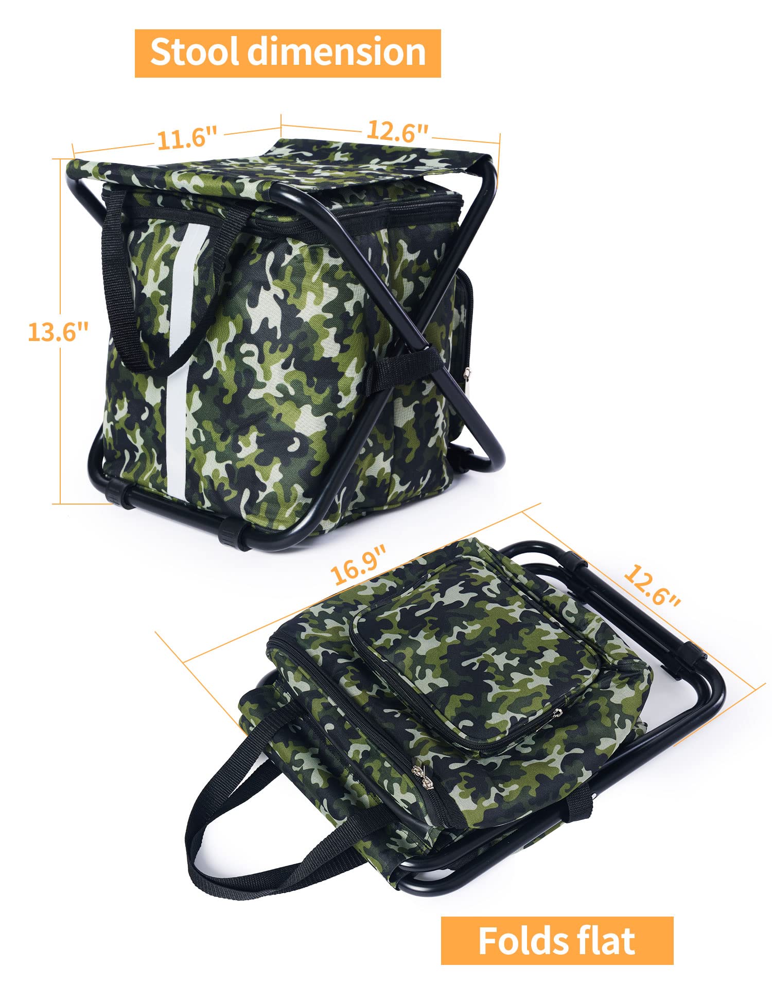 URBEST Fishing Chair Folding Portable Multi Functional Stool with Large Soft Sided Cooler Bag Camping Lawn Beach Camouflage