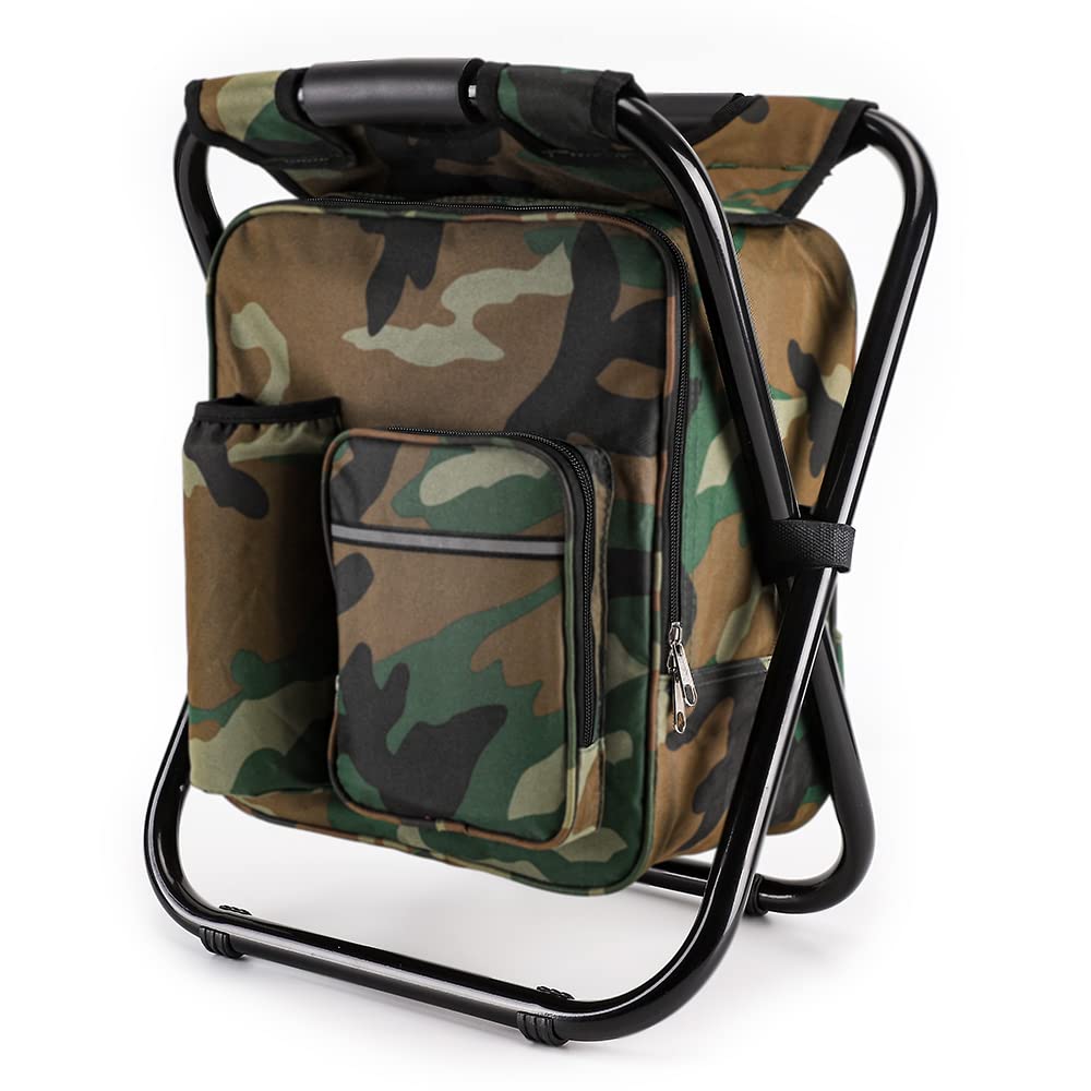 YESIACE Portable Hiking Camouflage Camping Stool, Folding Camping Chair Stool Backpack with Cooler Insulated Picnic Bag