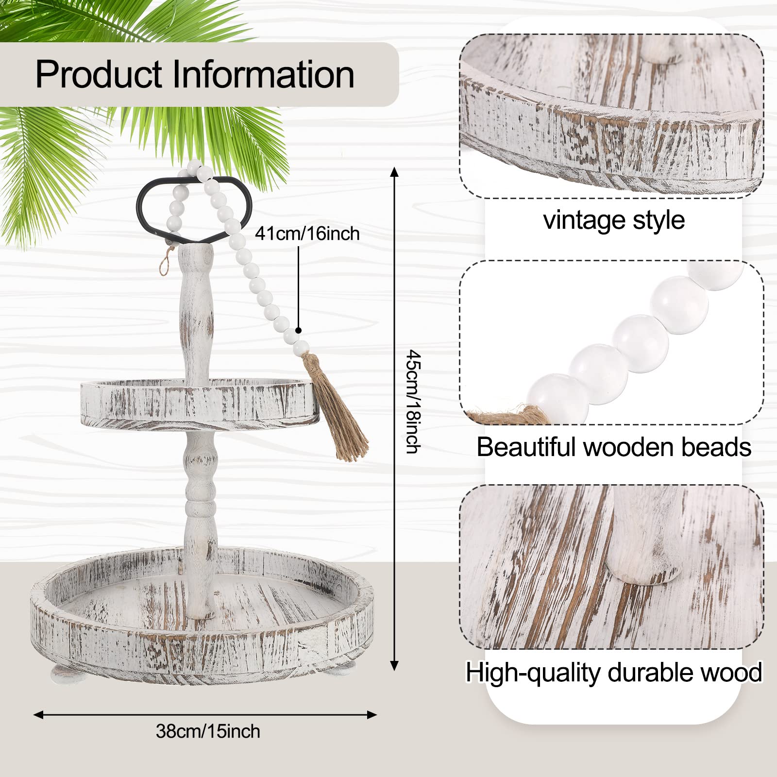 Tiered Tray Cupcake Stand 2 Tiered Tray Stand and Wood Beads Decorative Trays with Handle, Round Rustic Stand for Kitchen, Homeware Display Platters for Party (White)