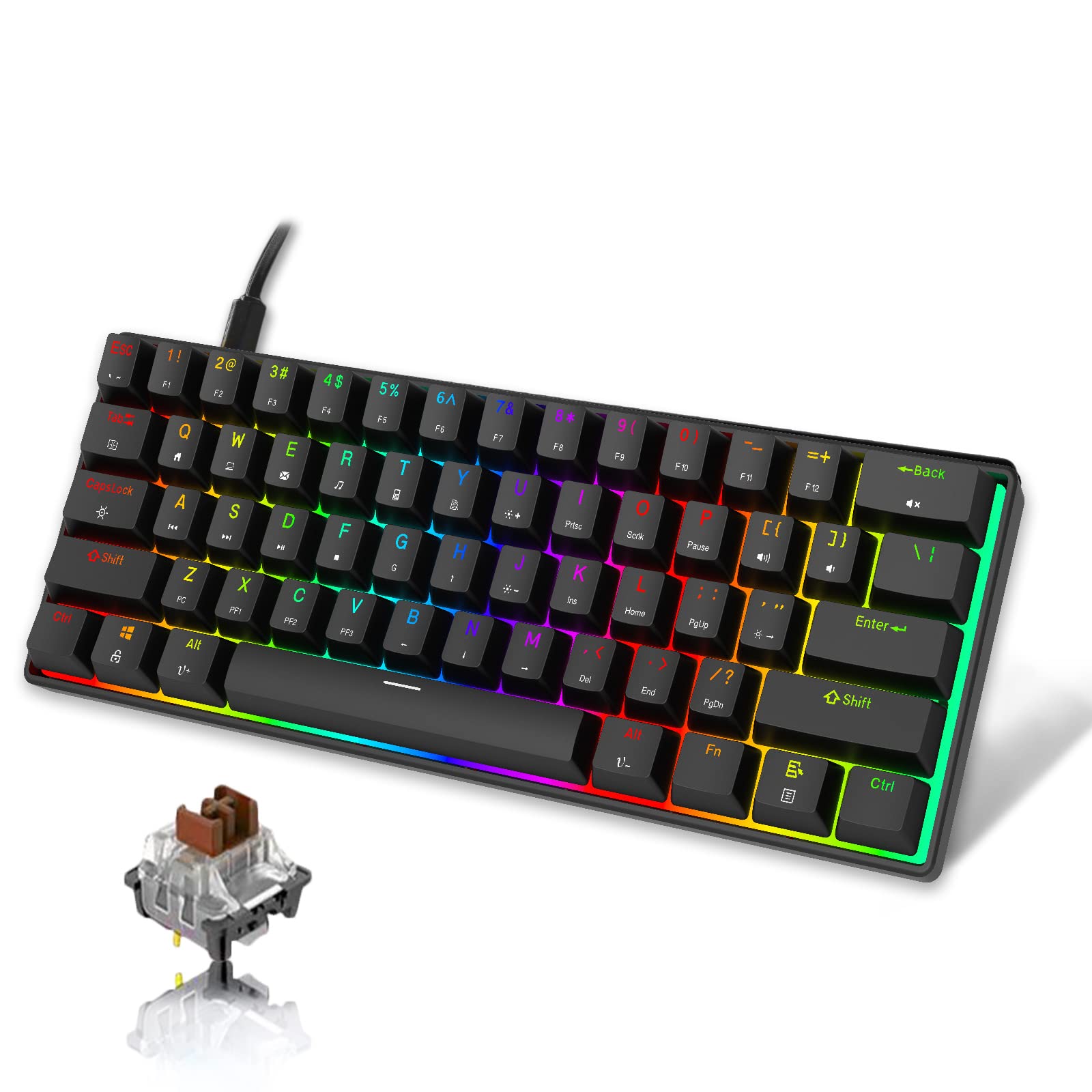 VIMUKUN 60% Mechanical Gaming Keyboard Wired 60 Percent Keyboard with LED RGB Rainbow Backlight Brown Switch for Windows PC Gaming (61 Keys, Black)