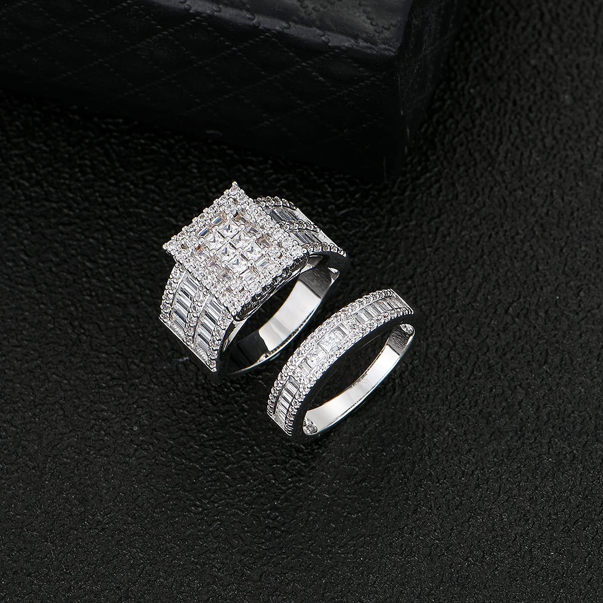 Square Statement Bridal Sets - Two Rings Cubic Zirconia CZ Cluster Engagement Promise Rings Set for Women (8)