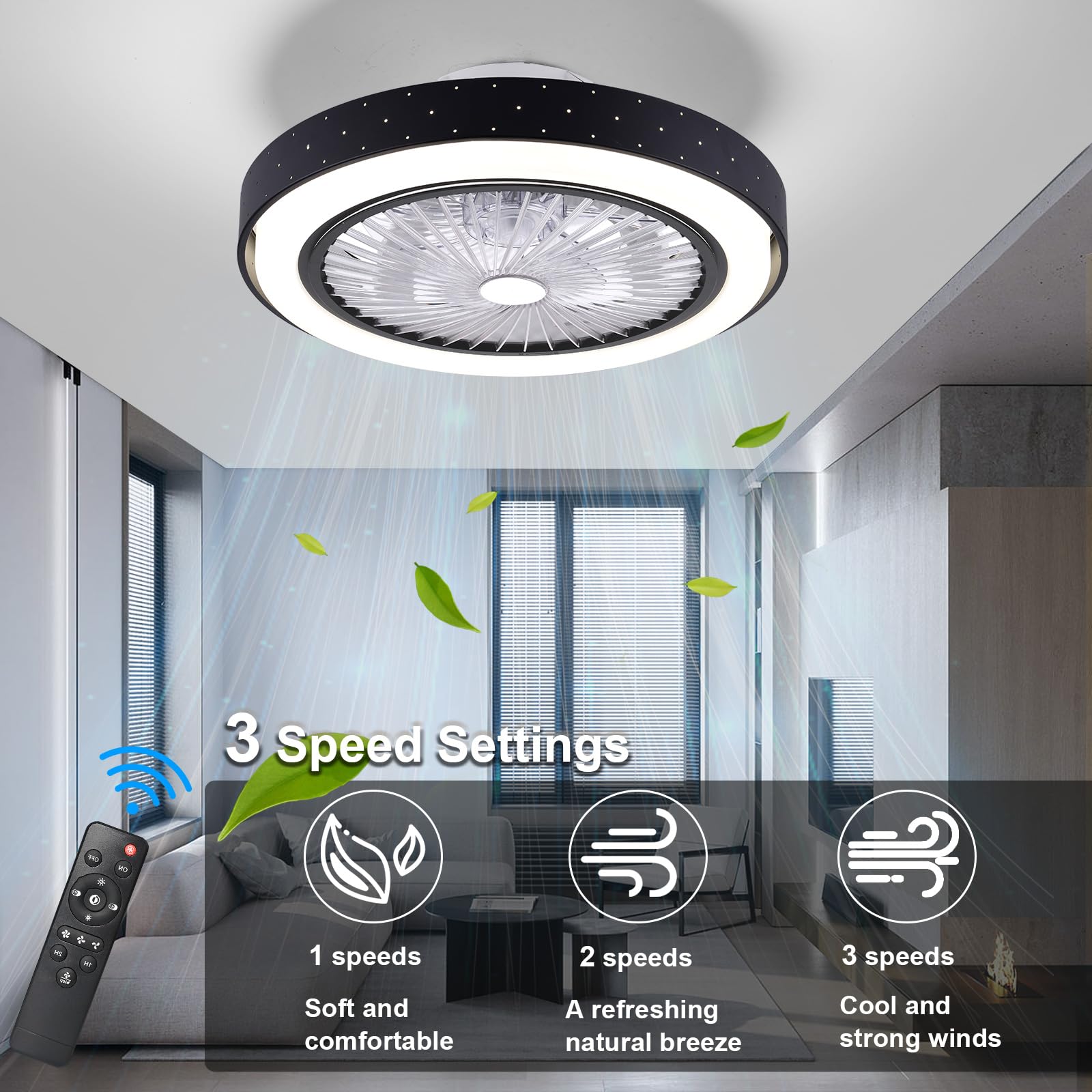 POWROL Ceiling Fans with Lights Bladeless Low Profile Remote Control Enclosed Ceiling Fan LED 3 Colors Dimming 3 Speed 19''Flush Mount Fan Light Iron Black Timer 1H/2H for Bedroom