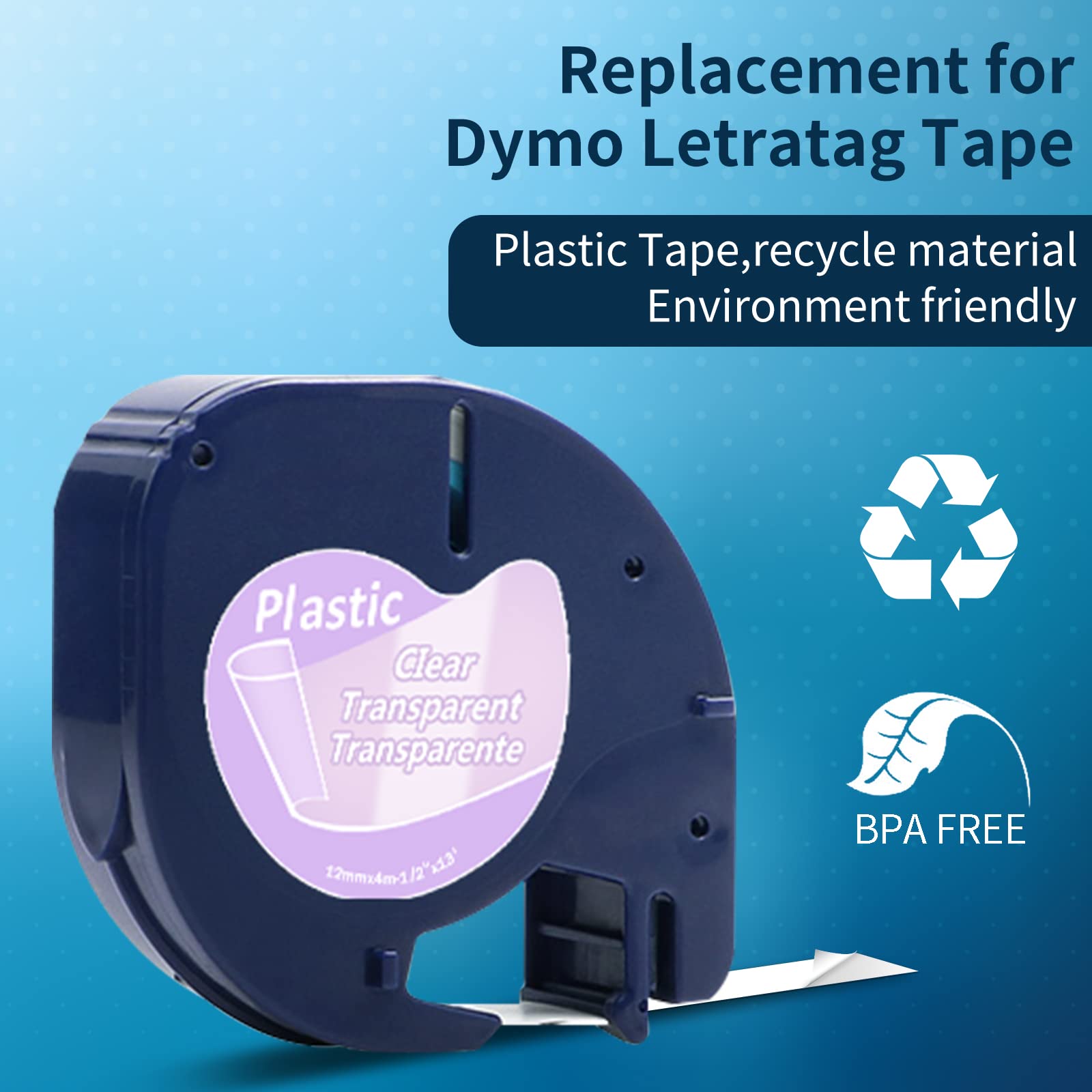 Replacement for Dymo Clear Label Tape Letratag Refills 1/2"x13 Transparent Plastic Compatible with DYMO 16952 Label Maker Refills Clear LT-100H 200B LT-100T Plus Labeler Printer, 12mm x 4m, 4-Pack