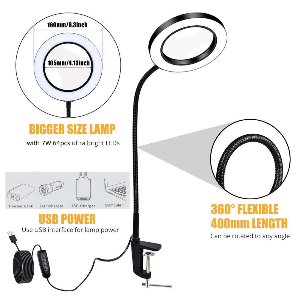 Toolour 5X LED Magnifying Glass Light Clamp Desk Lamp, 3 Modes & 10 Dimming, Large Magnifier Lens and 360° Flexible Gooseneck Arms for Home Workshop, Reading, Close Work, Rework Soldering & Pro Tasks