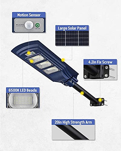 Solar LED Street Light, 6000LM Outdoor Solar Powered Street Lights Dusk to Dawn, 6500K Motion Sensor Street Light for Wall Mounted or Pole Mounted, BILLSTARS