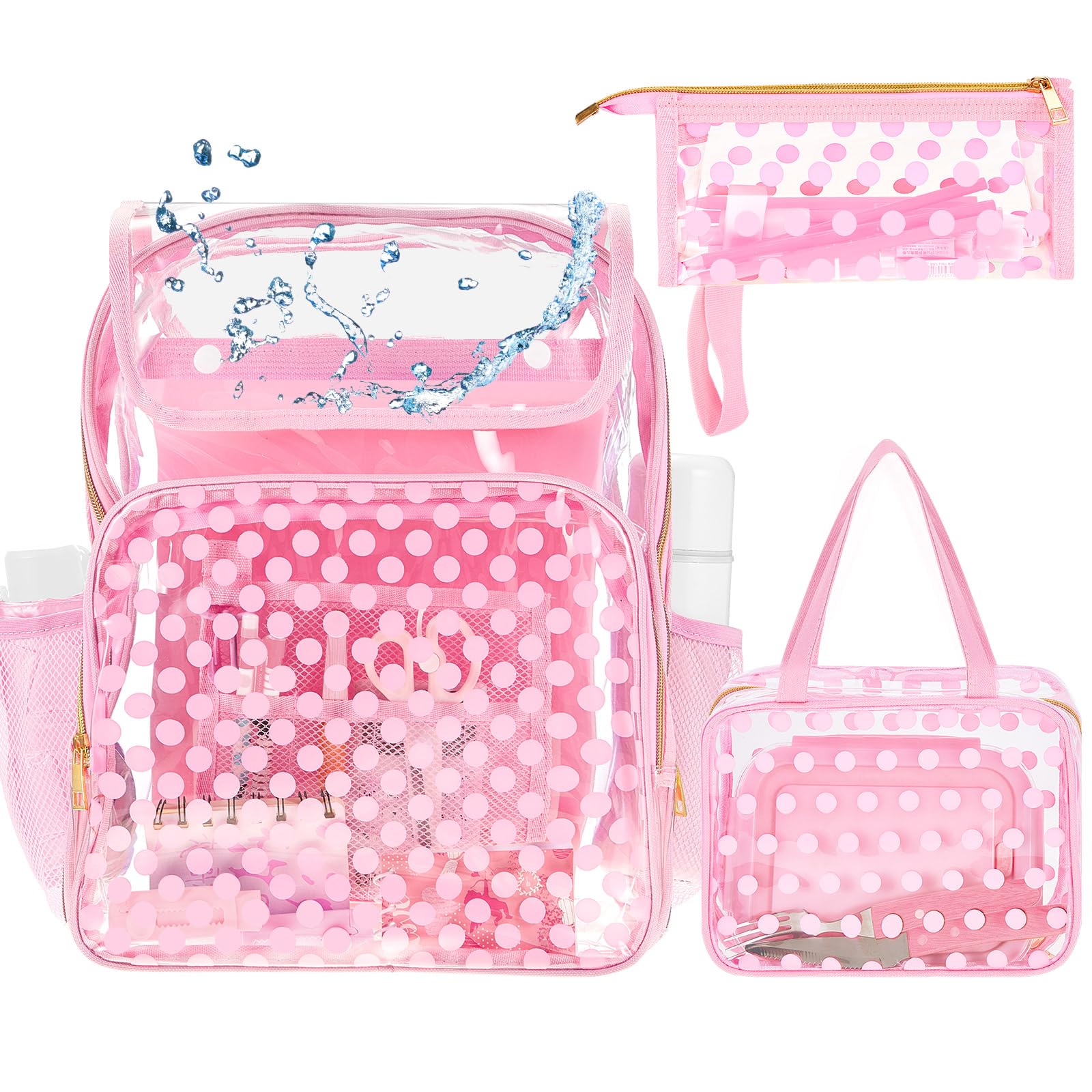 Sanwuta 3 Pcs Clear Backpack for Girls Pink Dots See Through Transparent Backpack Set Heavy Duty School Stadium Approved Book Bag with Lunch Pouch and Pencil Pouch for Kids Girls Boys