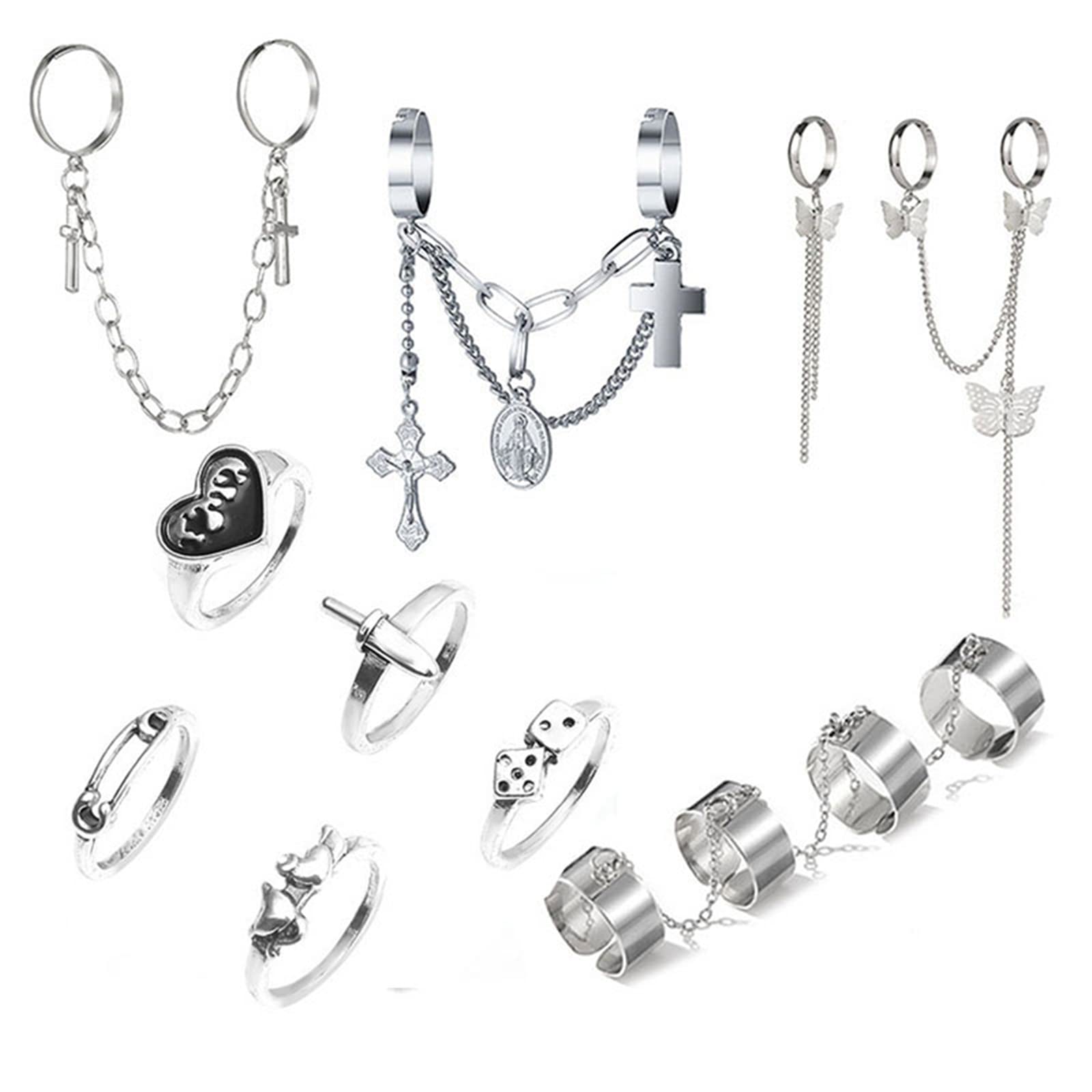 WCRAZYE 10pcs Chain Finger Rings for Women Men Adjustable Cool Punk Gothic Rings Cross Butterfly Knuckle Rings Vintage Statement Stackable Rings Set (10 Chain Rings)