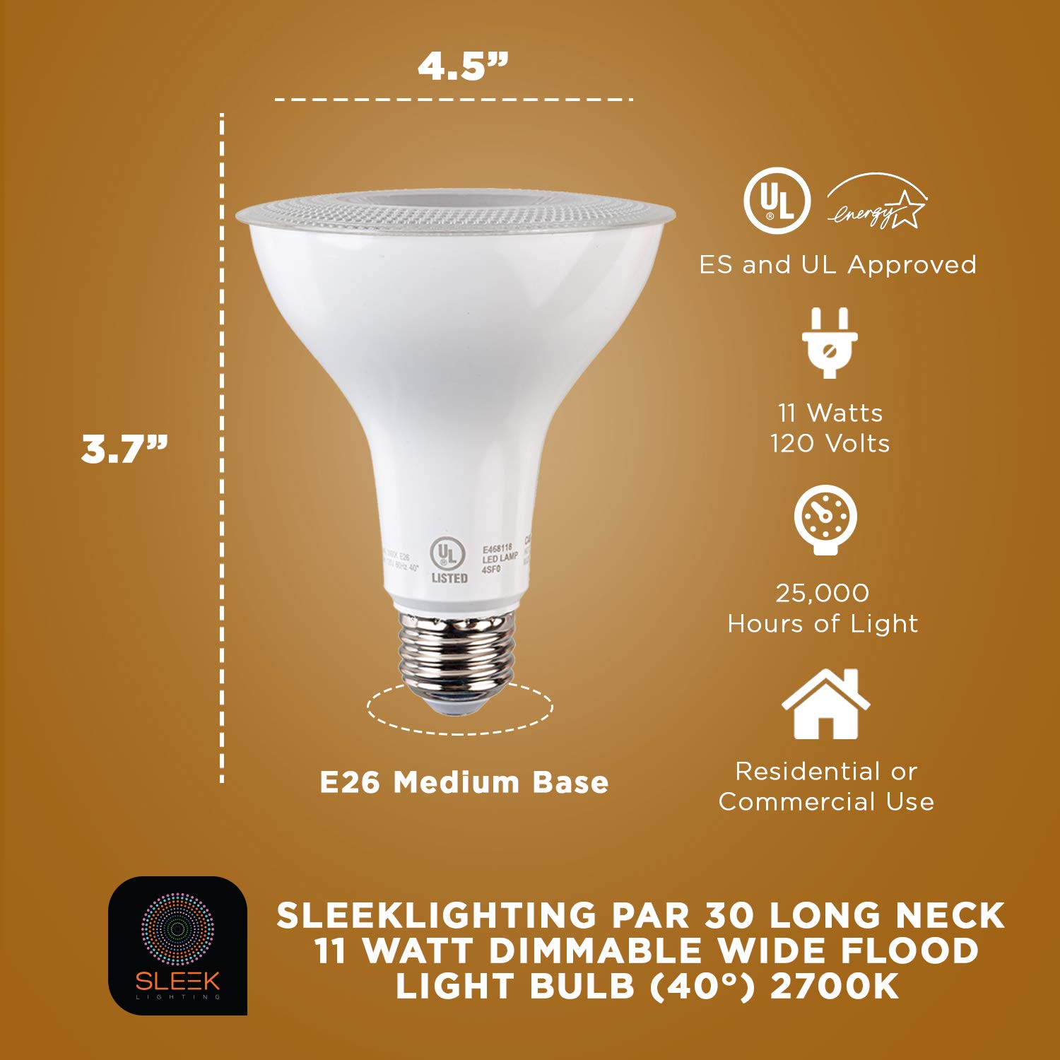 SLEEKLIGHTING LED Par 30 Long Neck,11 Watt(75 Watt Equivalent),850Lumens,Dimmable Wide Flood Bulb, Indoor/Outdoor, Recessed Lighting, Spot Light,E26,ES&UL Wet Location 4Pack (3000K)