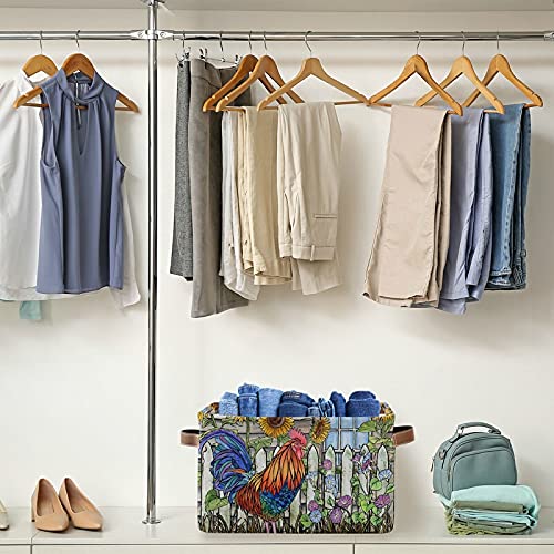 TropicalLife Rectangular Storage Bin Cube Animal Rooster Foldable Organizer Basket with Handles, Sunflower Floral Farm Collapsible Storage Box for Kids Toy Shelf Closet Nursery