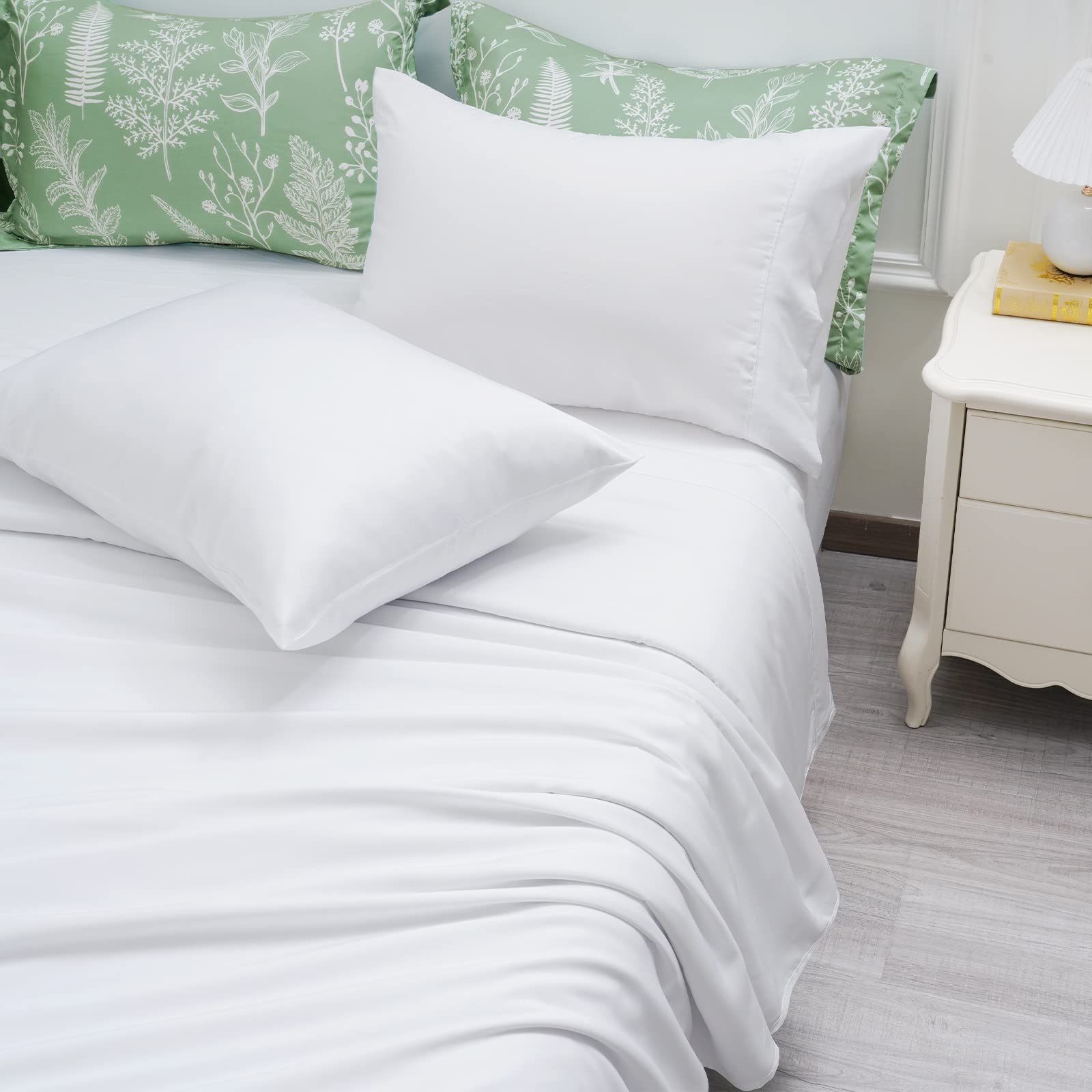 PHF Cooling Bamboo Viscose Sheets Set King Size, 4 Piece Silky Soft Viscose from Bamboo_Bed Sheets Set, 1800 Thread Count 16 Inch Deep Pockets, Ultra Soft Smooth Breathable Bedding Sheets, White