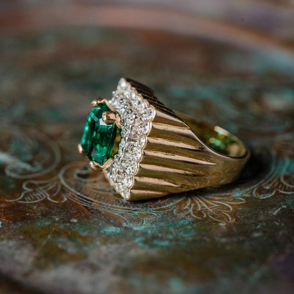 Providence Vintage Jewelry Emerald and Clear Austrian Crystal 18k Gold Plated Cocktail Ring