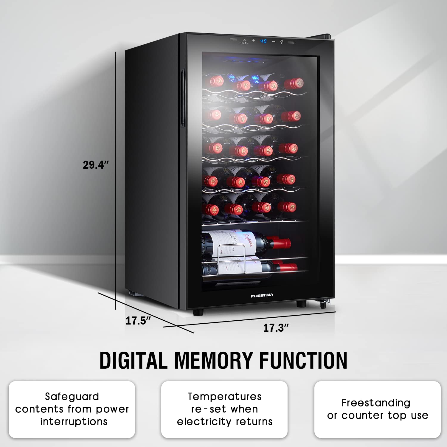 Phiestina Wine Cooler Beverage Refrigerator Freestanding Wine Refrigerator,24 Bottles or 20 Bottles 14 cans Beer Fridge,Removable Shelves Interior Lighting Digital Touch Control for Home/Bar/Office