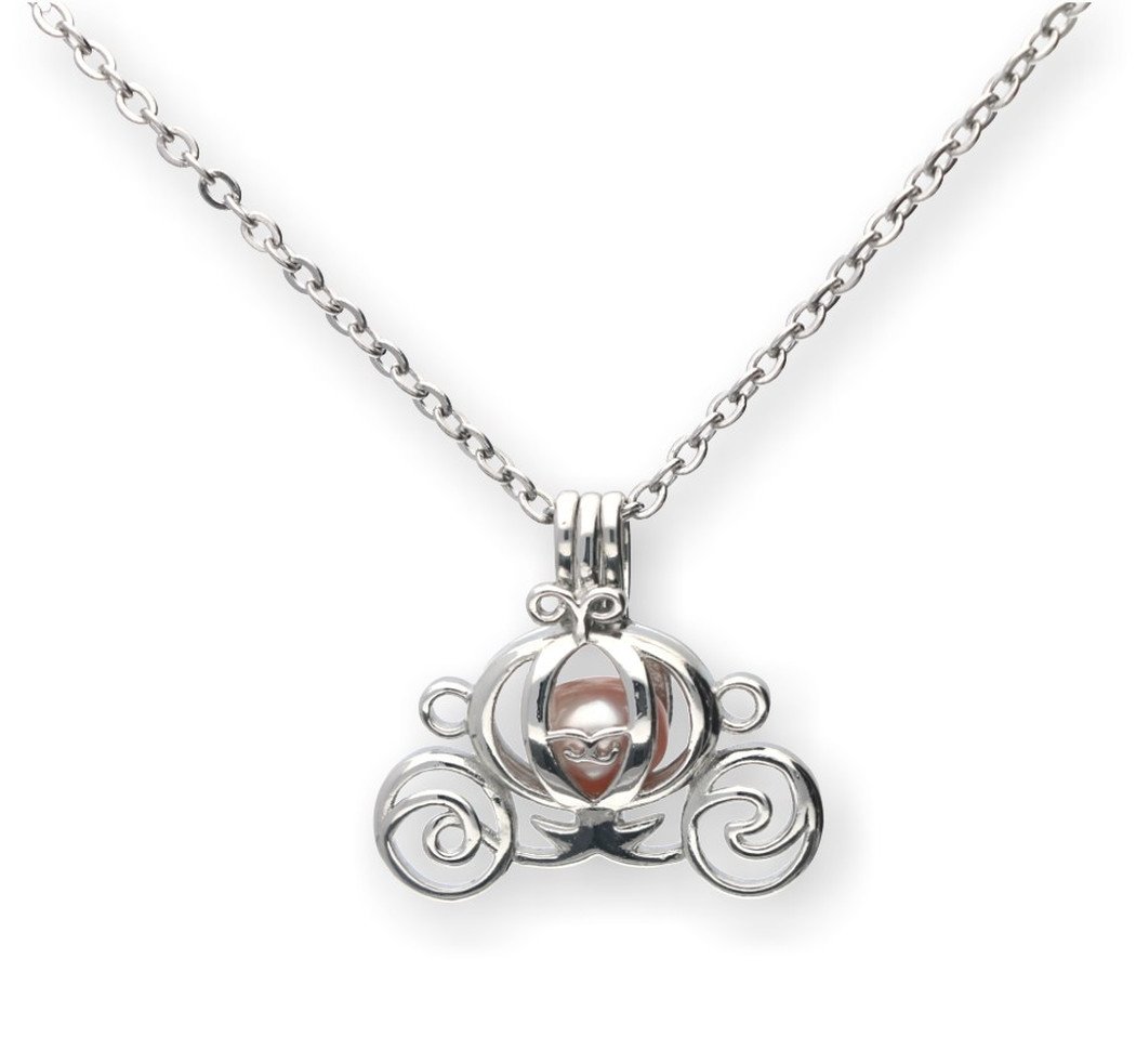 Pearlina Princess carriage Cultured Pearl Oyster Necklace Set Silver-tone Cage w/Stainless Steel Chain,18