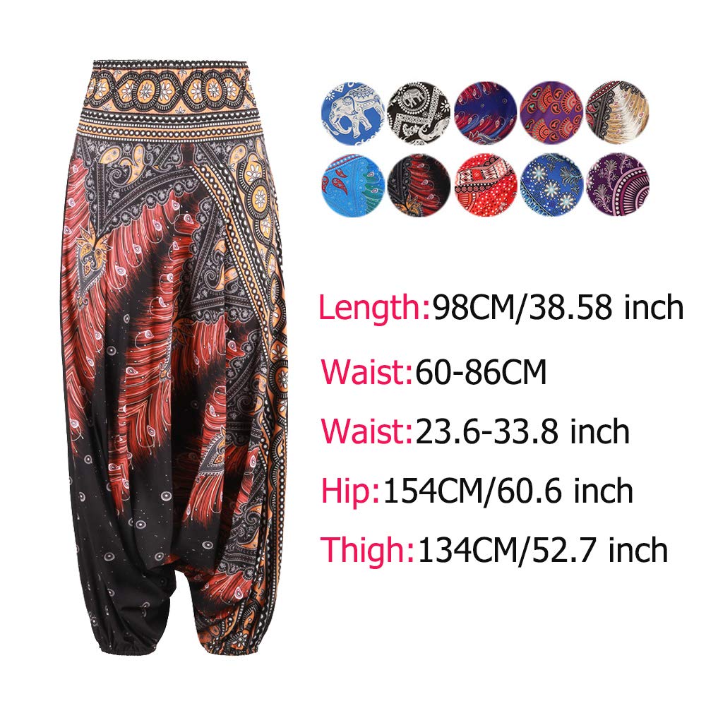 Xixiuly Women's Drop Crotch Hippie Harem Pants Boho Pattern High Waist Baggy Yoga Trousers Lounge Beach Brown ONE Size