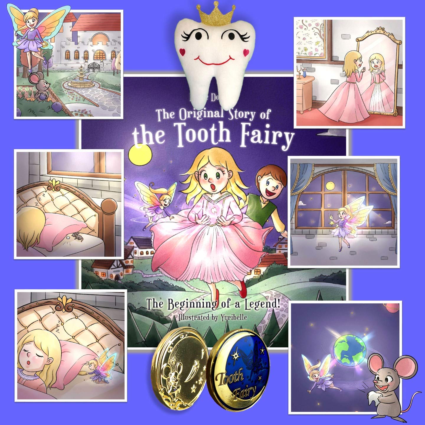 Tooth Fairy Pillow Book and Gold Coin Keepsake Set Kit with Velvet Memory Bag for Boys and Girls