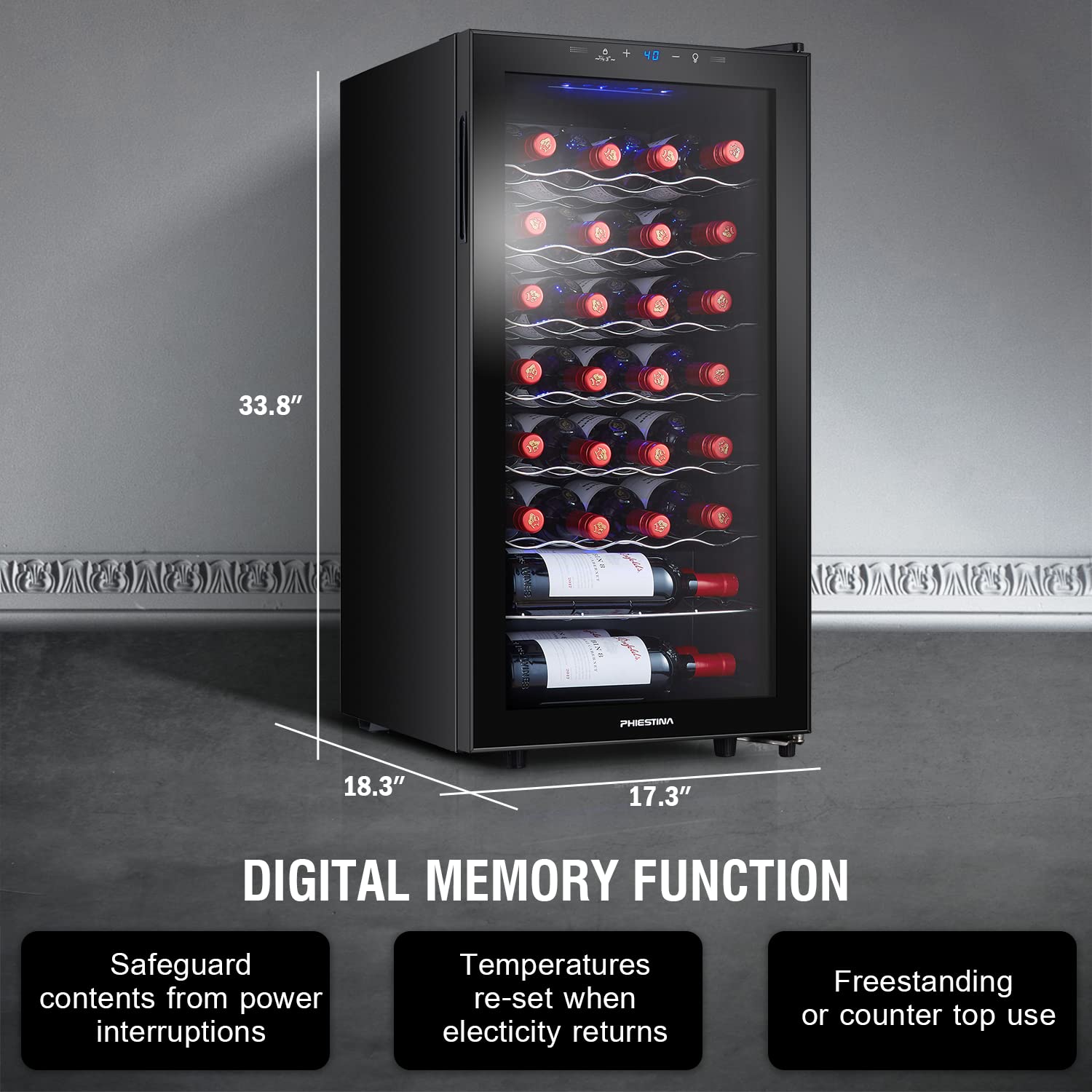 Phiestina Wine and Beverage Refrigerator Wine Cooler Freestanding 28 Bottles or 24 Bottles 15 cans Wine Fridge with LED light Digital Touch Control 7 Removable Shelves for Home/Bar/Office