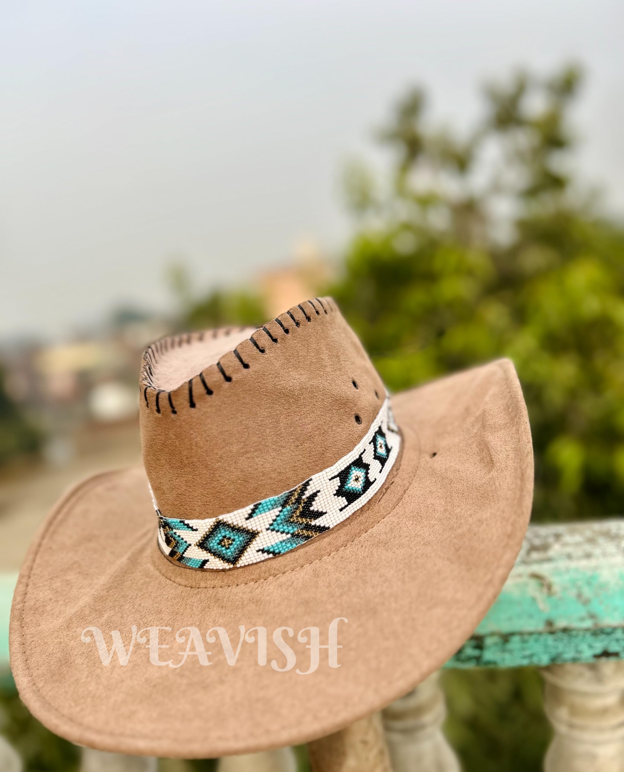 Weavish Beaded Hatband Native American Style Southwestern Cowboy Rode Handmade Head/Hat Band Collection [ ] (White,turquoise)