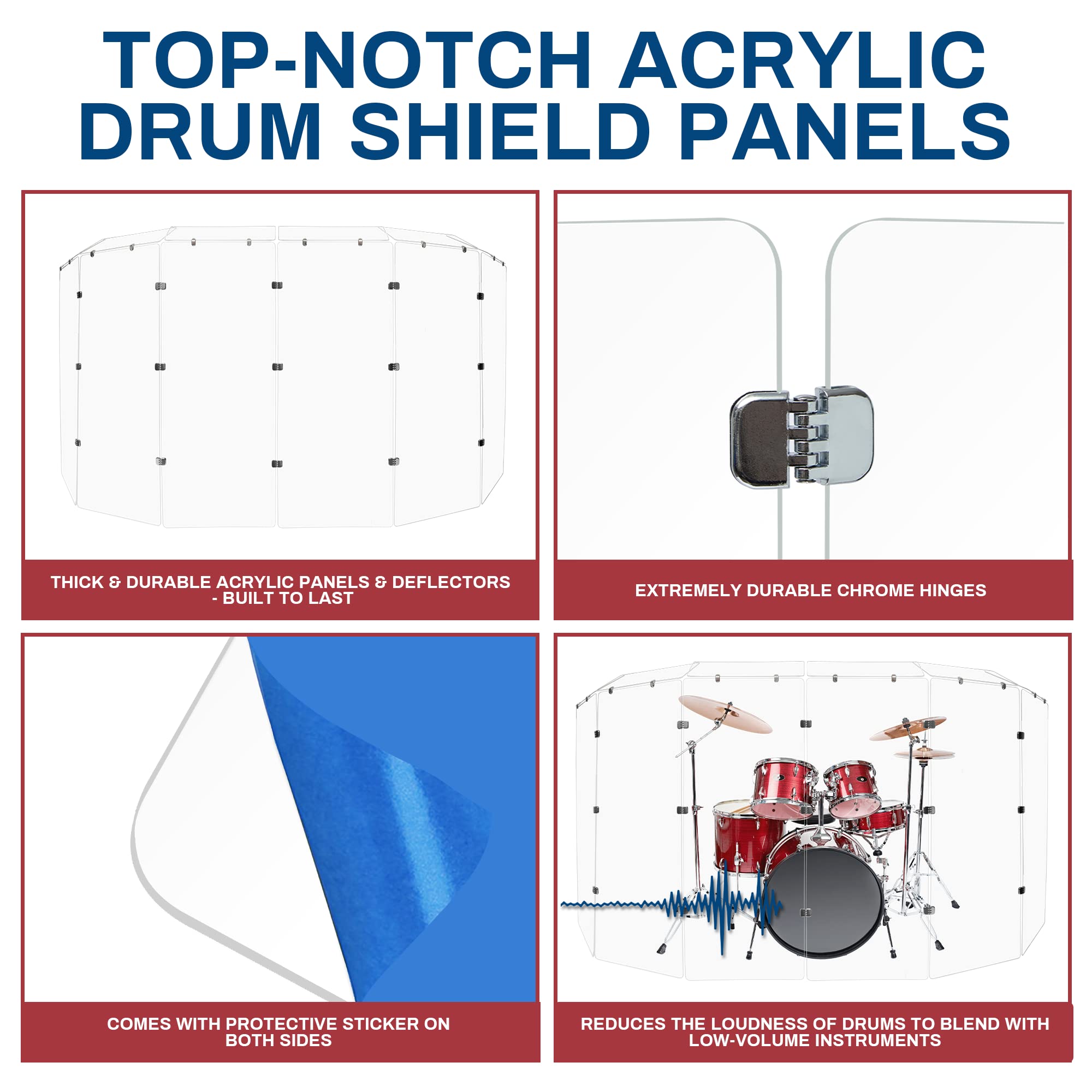 PENNZONI Drum Shield 5ft w/Deflectors & Chrome Hinges, Comes w/ 6 Drum Panels, 6 Deflectors, Chrome Hinges & Deflector Connectors, Premium Clear Acrylic Panels