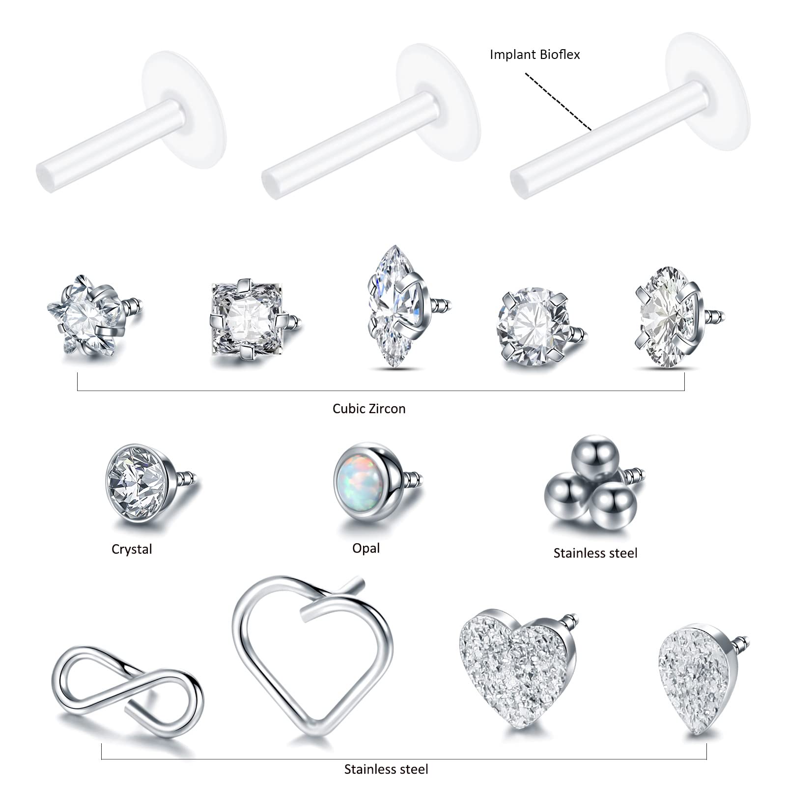 Xpircn 16G Labret Monroe Lip Rings Tragus Helix Cartilage Earrings Studs Ring Piercing Jewelry Plastic Retainer Clear CZ 6mm 8mm 10mm (Silver)