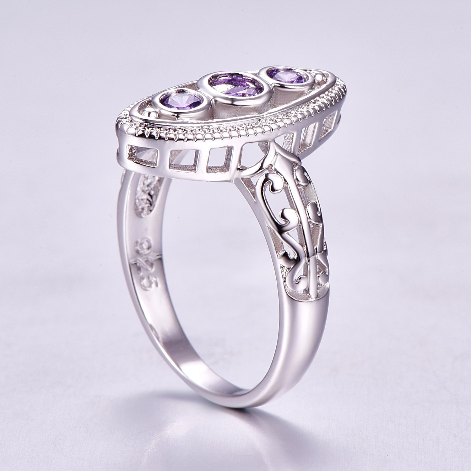 Psiroy 925 Sterling Silver Plated Simulated Amethyst 3 Stones Promise Ring for Her Size 8
