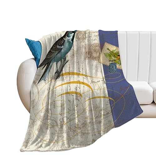 Plush Throw Blanket Vintage Birds Postage Stamp Soft Cozy Blanket Flannel Blankets All-Season for Sofa Couch Bed, 60" X 80"