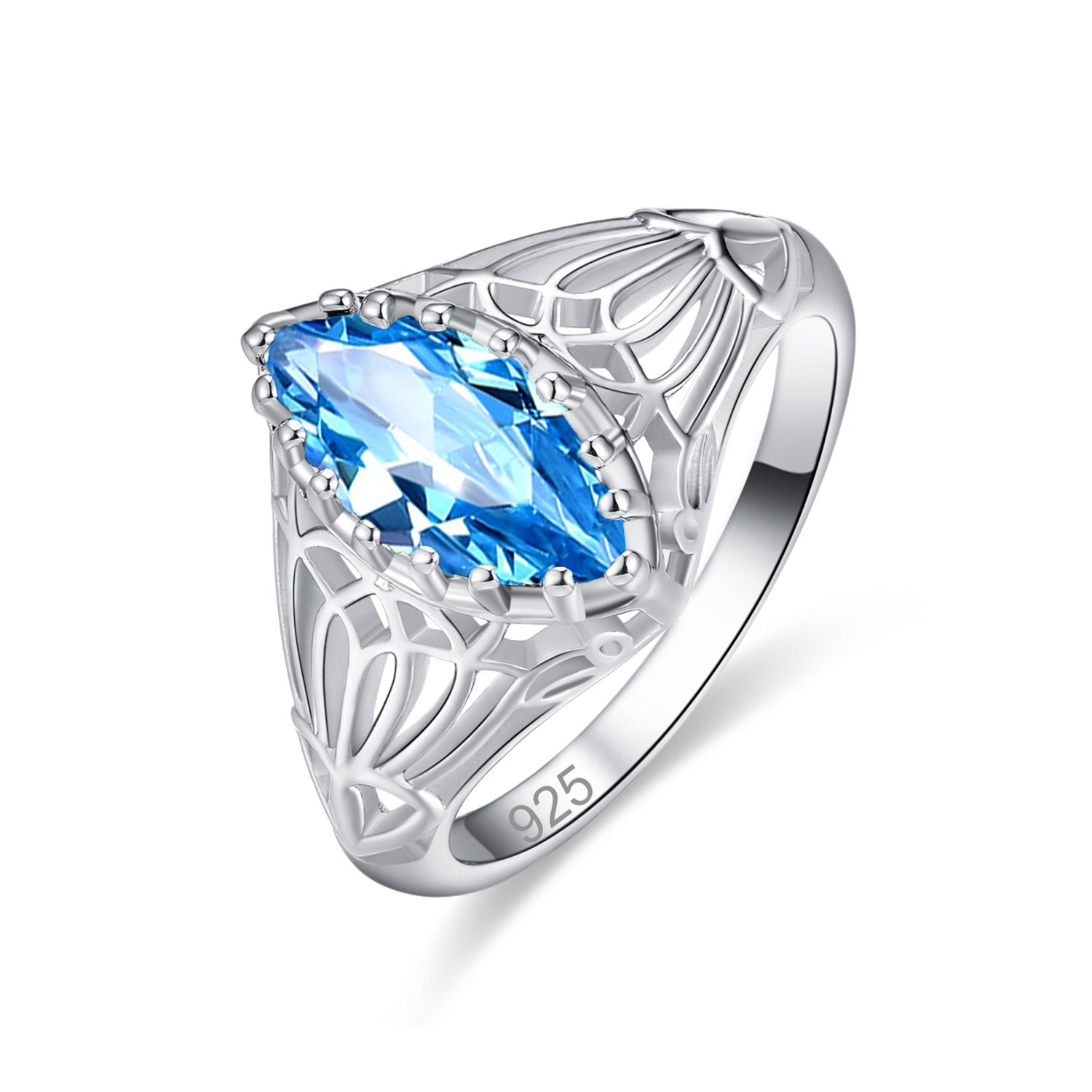 Psiroy 925 Sterling Silver Plated Simulated Blue Topaz Marquise Engagement Ring for Women Size 9