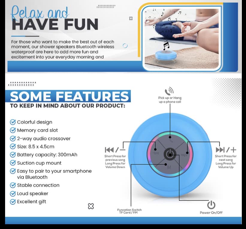 Speakers Bluetooth Wireless β Colorful Shower Speaker β Advanced Waterproof Bluetooth Speaker with Suction Cup Installation - Wireless Speakers with Bluetooth and Rechargeable Battery bathroom speaker