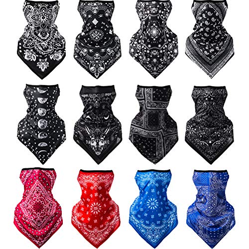 SATINIOR 12 Pieces Printed Face Bandana with Ear Loops Breathable Face Cover Neck Gaiter Elastic Balaclava Scarf for Women Men, Multicoloured, Medium