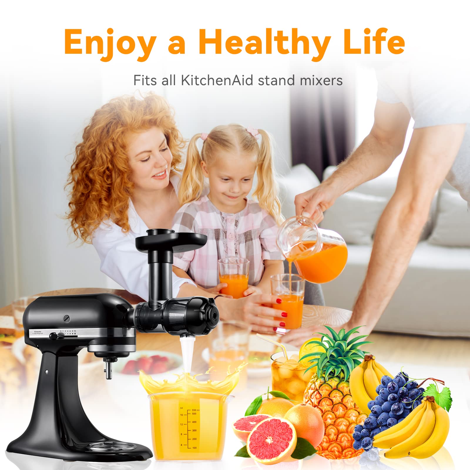 Slow Juicer Attachment for Kitchen Aid Stand Mixers Replacement, Masticating Juicer Accessories for All Kitchen Aid Mixers by Aikeec, Cold Pressed Juicer Parts, Great for Fruits and Vegetables, Black