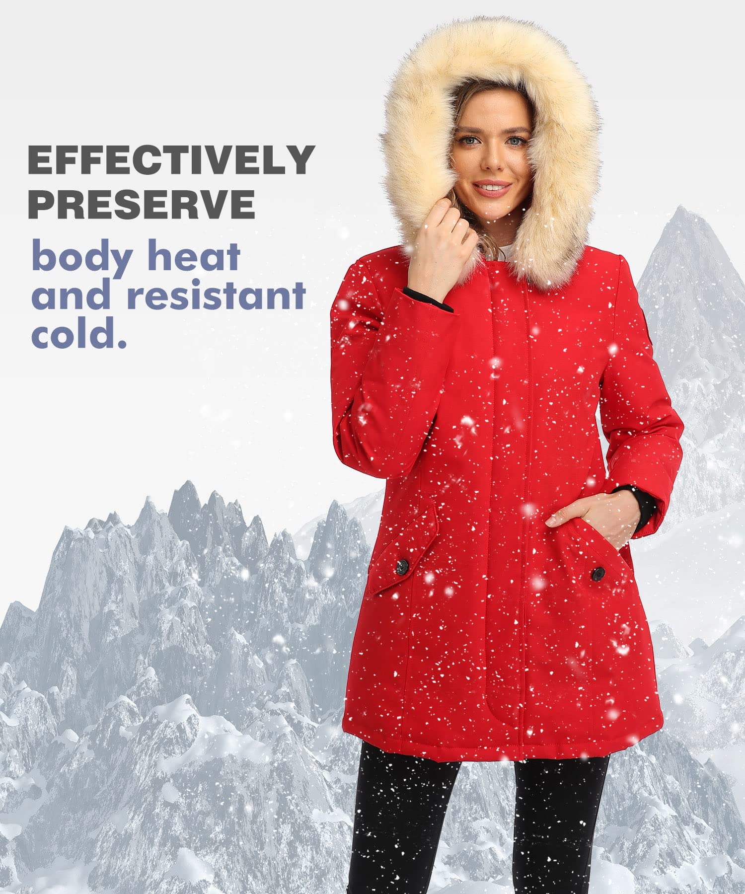 PUREMSX Winter Down Jacket Women, Windproof Spring Hiking Outdoor Puffer Coat Padded Skiing Long Parka Gift,Red,Large