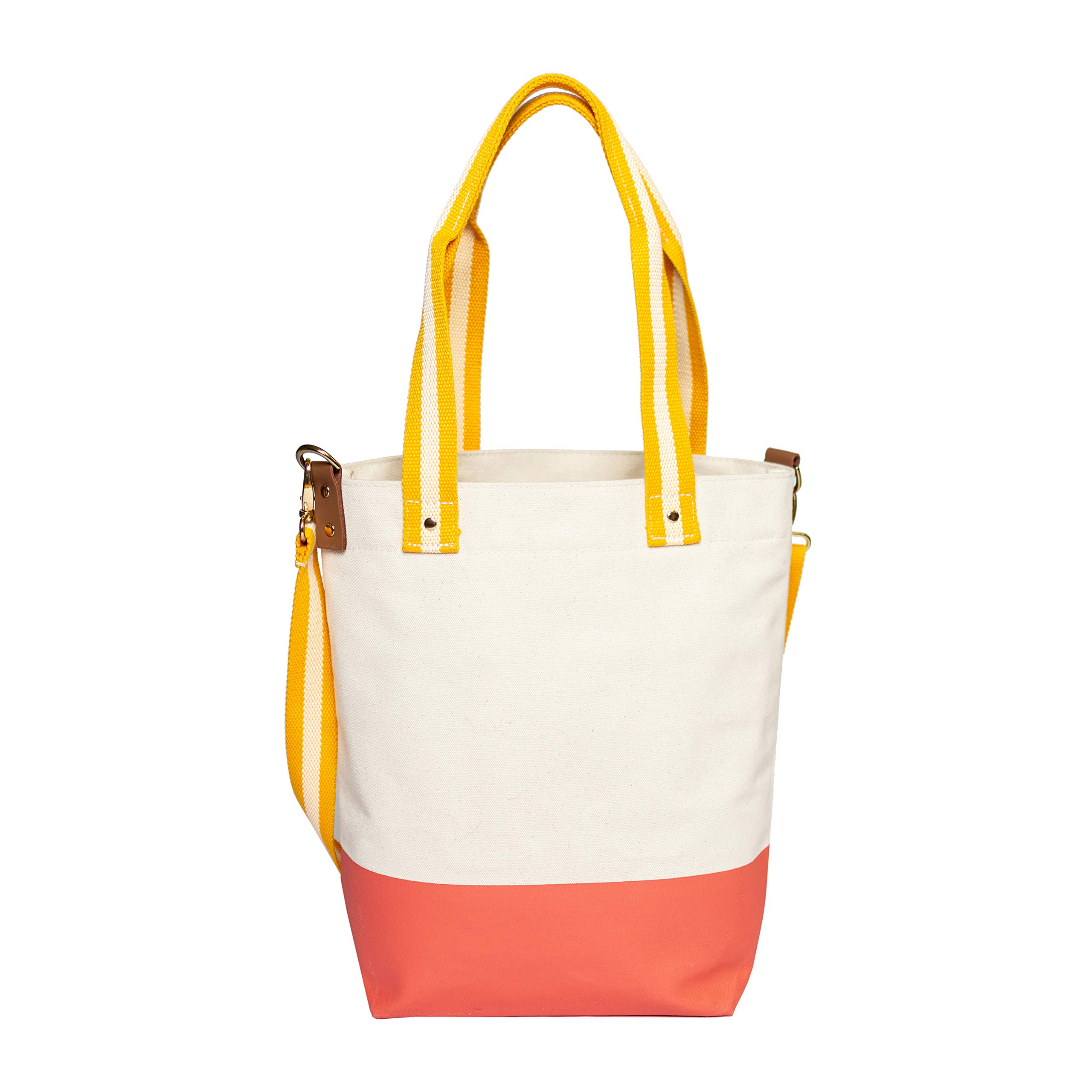 Tag&Crew Womens Multi Pocket Colored Bottom Canvas Cross Body Tote Bag with Detachable Shoulder Strap, Coral Pink