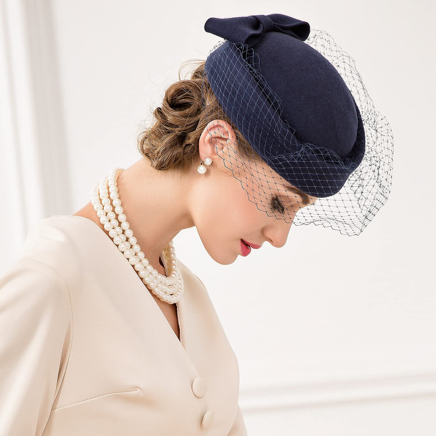 TS British Vintage Wool Felt Pillbox Hat with Veil Flower Fedoras Headpiece for Tea Party Wedding Church