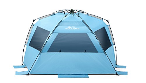 Pacific Breeze Easy Setup Beach Tent Deluxe XL with extendable floor for privacy, SPF 50+ Pop Up Beach Tent provides shade for 4 or more people