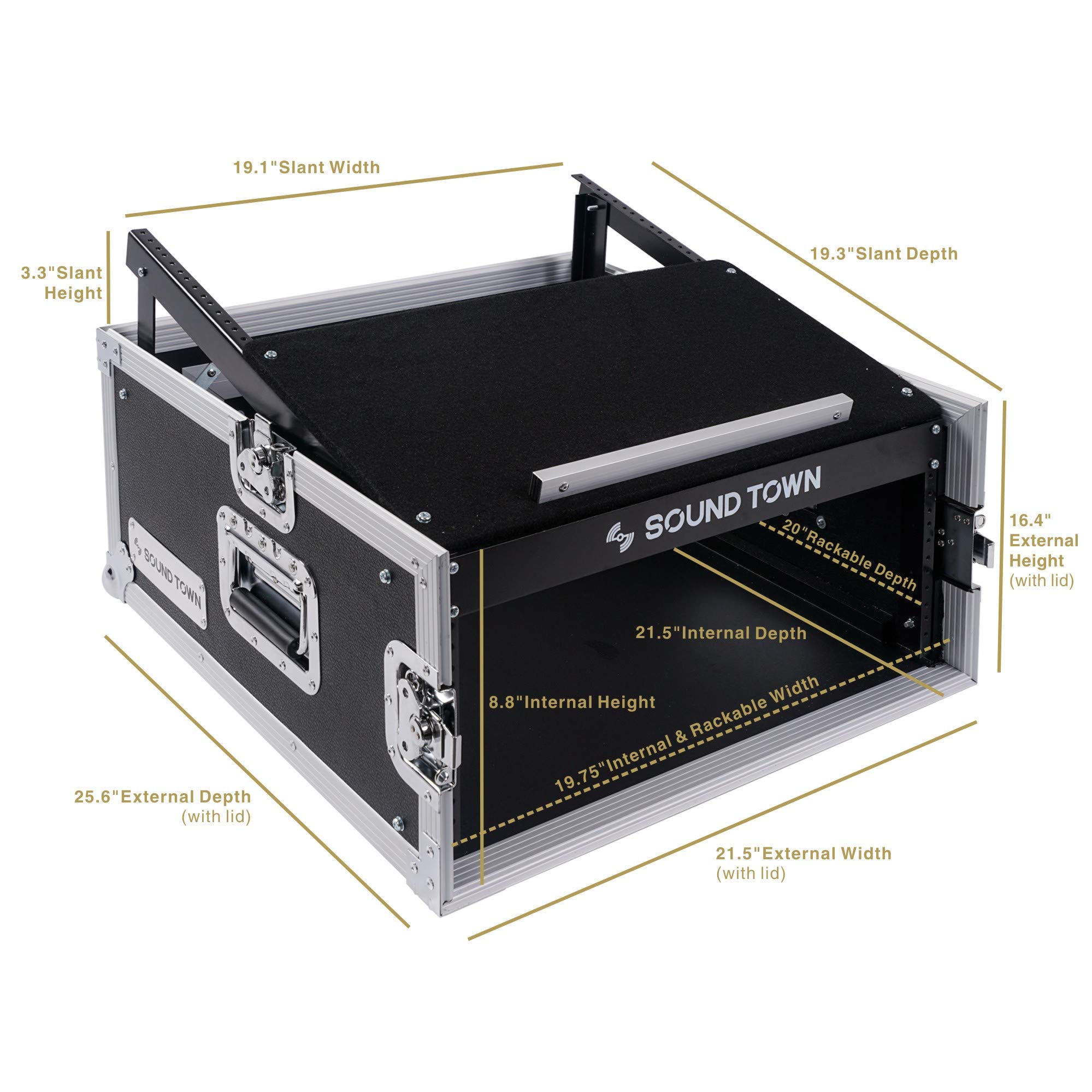 Sound Town 4U PA DJ Rack/Road Case with 11U Slant Mixer Top, 20ββ Rackable Depth, 4-Space Size - Pro Tour Grade (STMR-4US)
