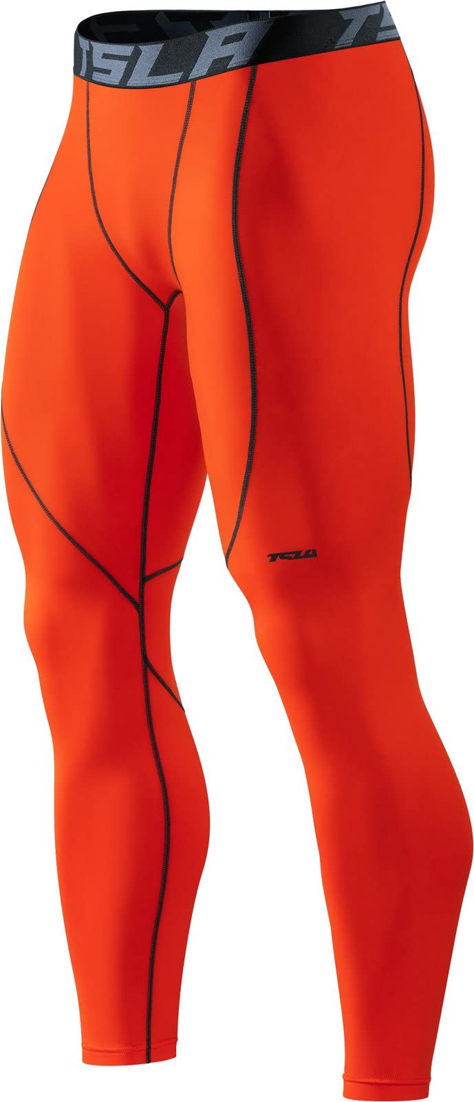 TSLA Men's Thermal Compression Pants, Athletic Sports Leggings & Running Tights, Wintergear Base Layer Bottoms, Heatlock Pure Orange, Large