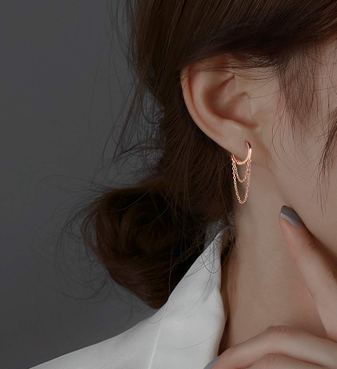 SLUYNZ 925 Sterling Silver Hoop Earrings for Women Minimalist Hoop Earrings Huggie Dangle Chain Tassel (B-Rose Gold Plated)