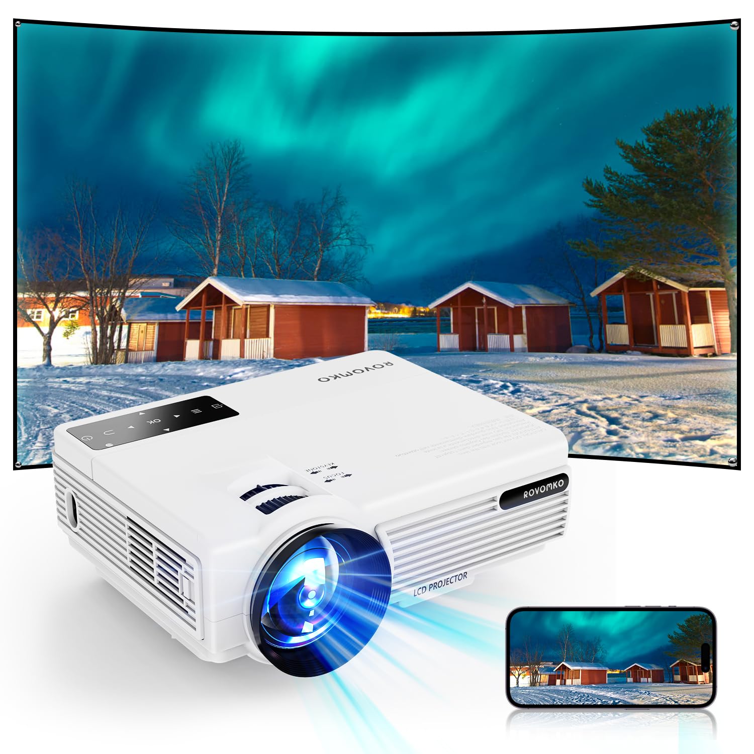 Projector 4K Full HD 1080P Supported 10000 lumens Max 300”Projection Screen Keystone 25% Zoom 2023 Upgraded Mini Touchscreen Compatible with Smartphone/Tablet/TV Stick/HDMI/USB/AV