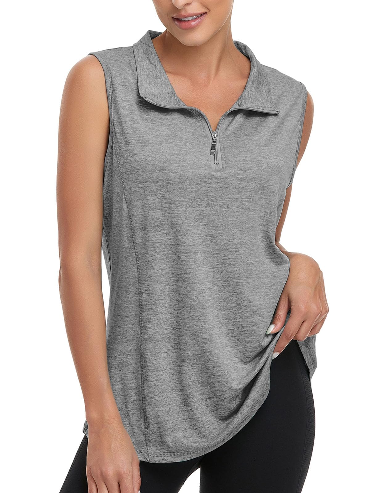 Viracy Workout Tank Tops for Women, Moisture Wicking Running Shirts Sleeveless 1/4 Zip Up Golf Top Lightweight Cool Delicate Versatile Flattering Boutique Daily Lounge wear Grey XL
