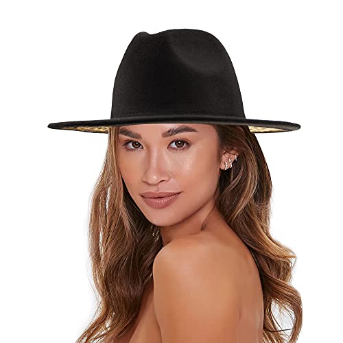 UTOWO Two-Tone Felt-Fedora-Panama-Hats-for-Women-Men, Wide Brim Black & Leopard Patchwork Fedora Jazz Cap