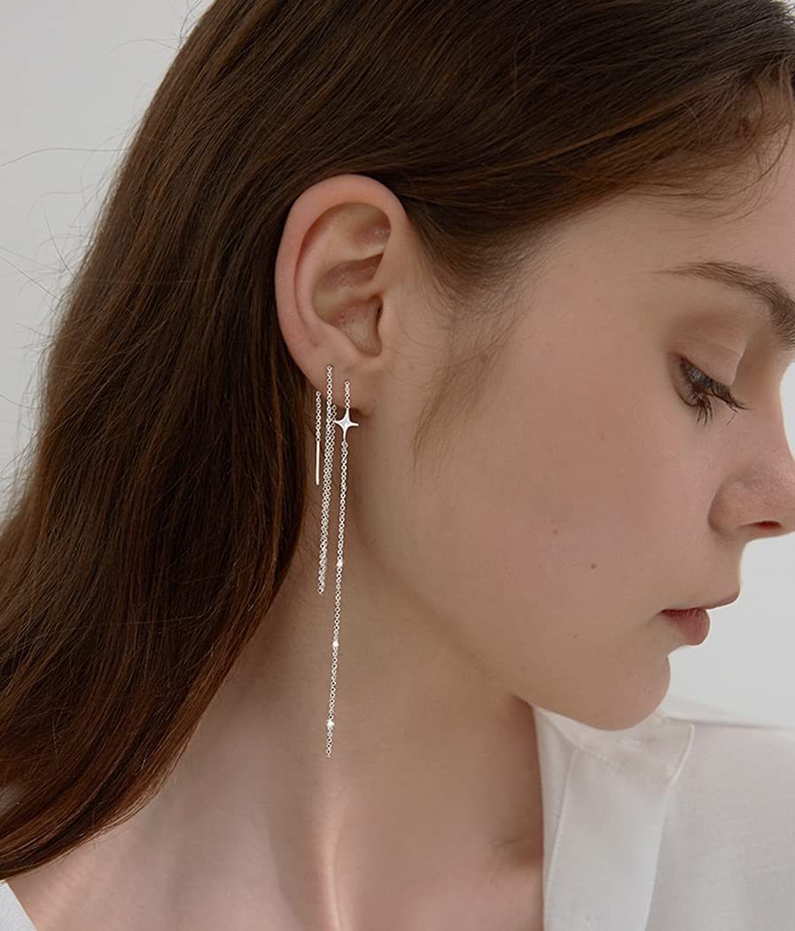 SLUYNZ 925 Sterling Silver Star Long Dangle Earrings Chain for Women Teen Girls Line Dangle Earrings Tassel Threader Chain (A-Silver)