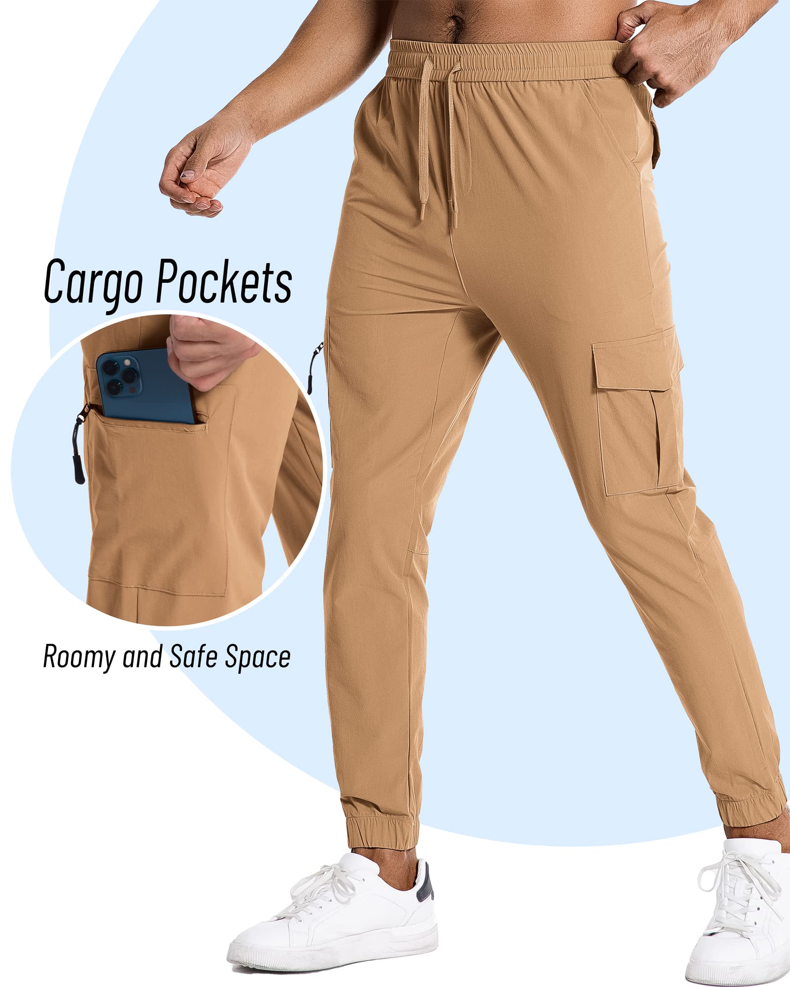 Y YERFONE Mens Hiking Pants Quick Dry Golf Joggers with Pockets Stretch Cargo Pants Slim Fit Lightweight Travel Athletic Workout Dark Khaki