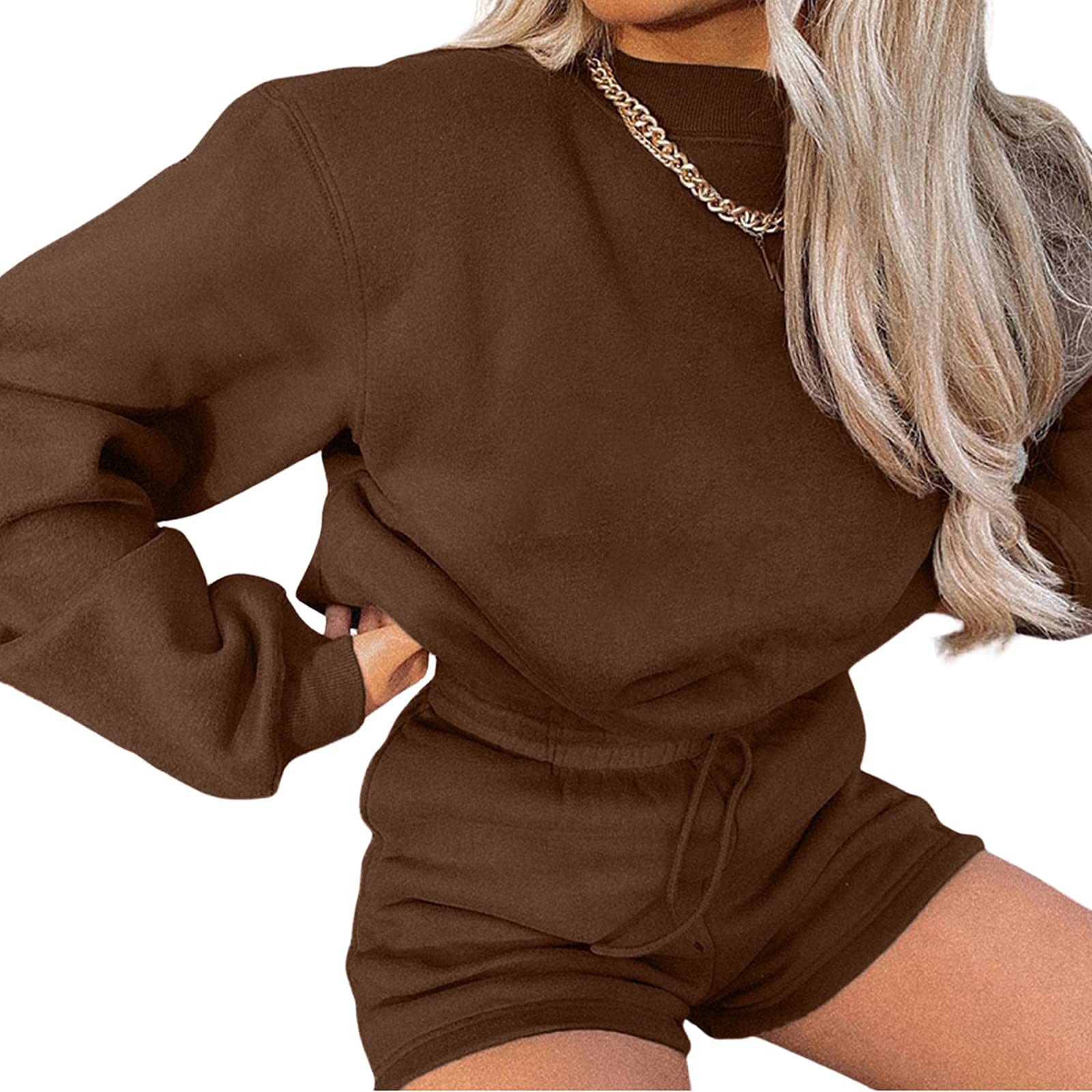 Tsnbre Womens Short Sets 2 Piece Outfits Long Sleeve Solid Pullover Sweatshirt + Loose Sweat Shorts Set (Brown, Large)