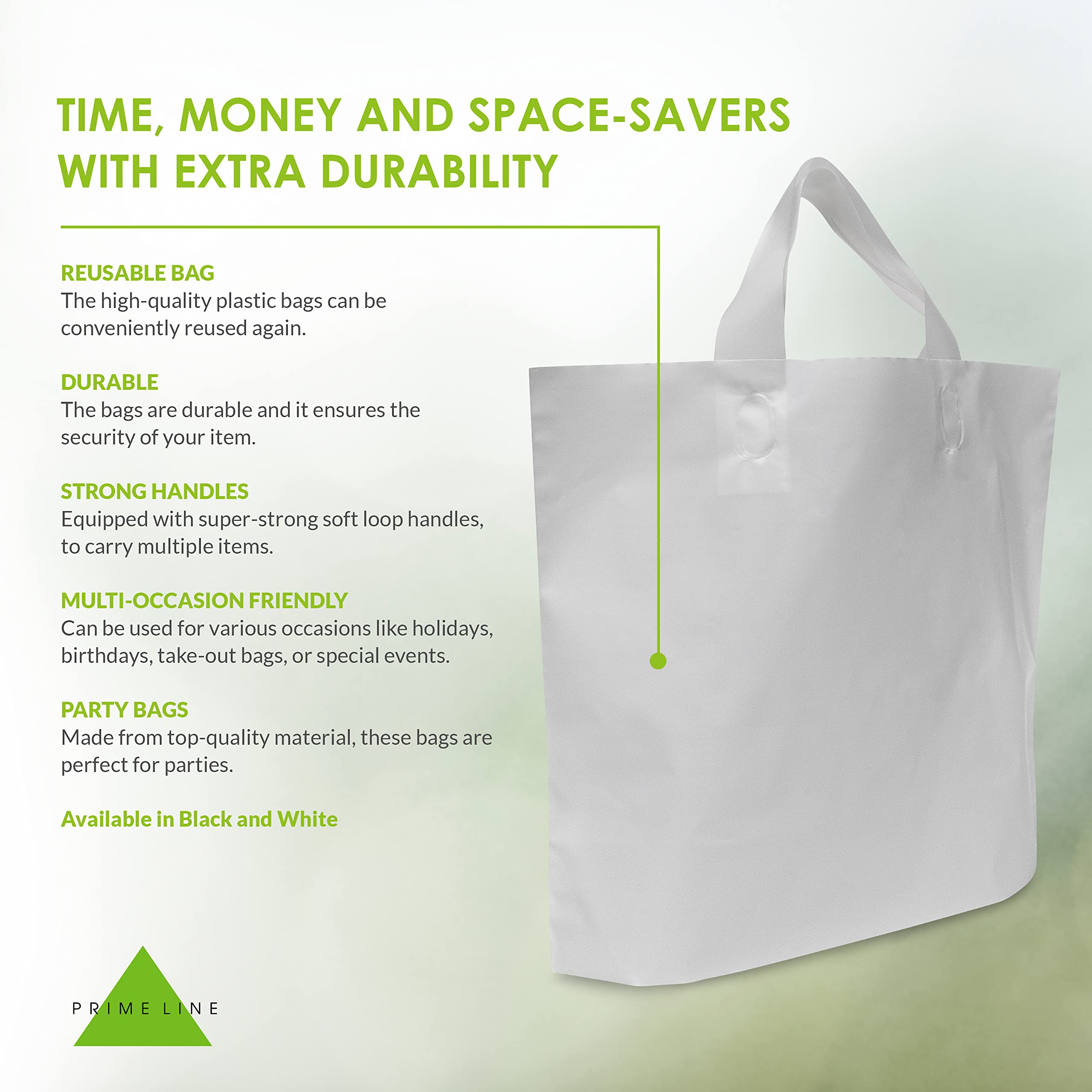 Prime Line Packaging 12x4x10 50 Pack Large Plastic Bags with Handles, Reusable White Shopping & Merchandise Bags for Boutique, Small Business, Bulk
