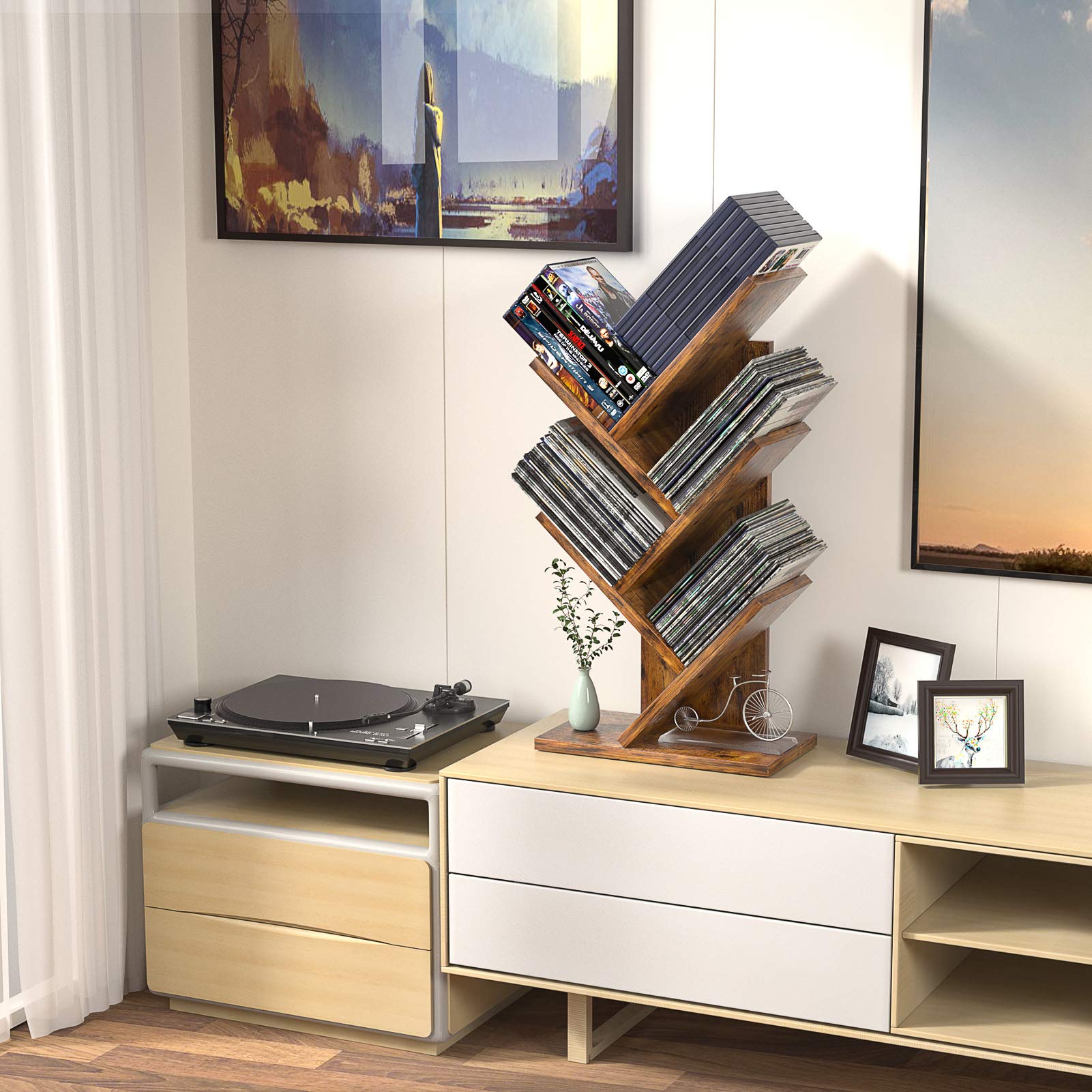 Topfurny Tree Bookshelf, 4-Tier Book Storage Organizer Shelves Floor Standing Bookcase, Wood Storage Rack for Office Home School Shelf Display for Cd/Magazine/Book - Rustic Brown